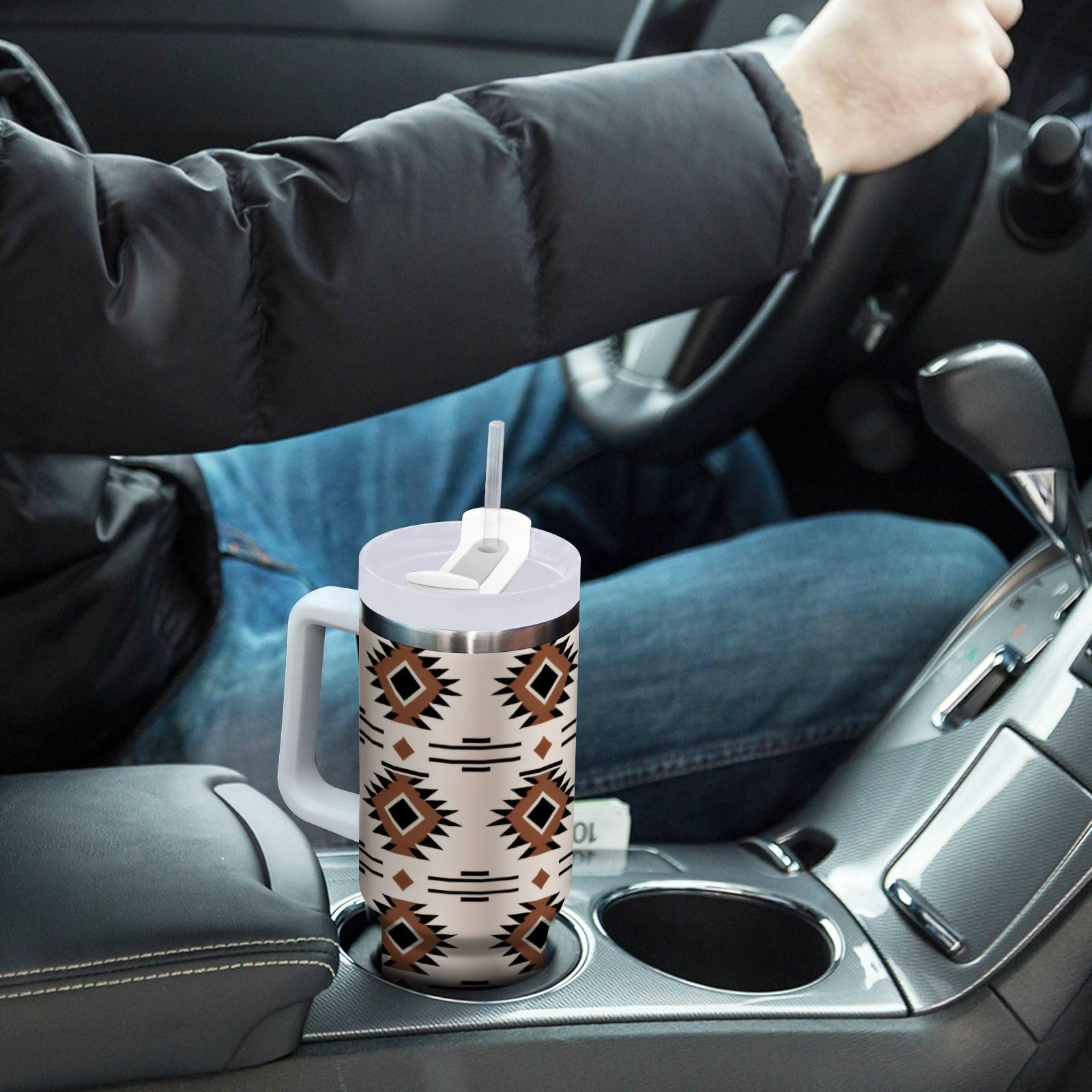 FLildon 40oz Tumbler with Handle and Straw Lid, Western Aztec Insulated Coffee Mug Stainless Steel Water Bottle Leakproof Vacuum Travel Coffee Cup