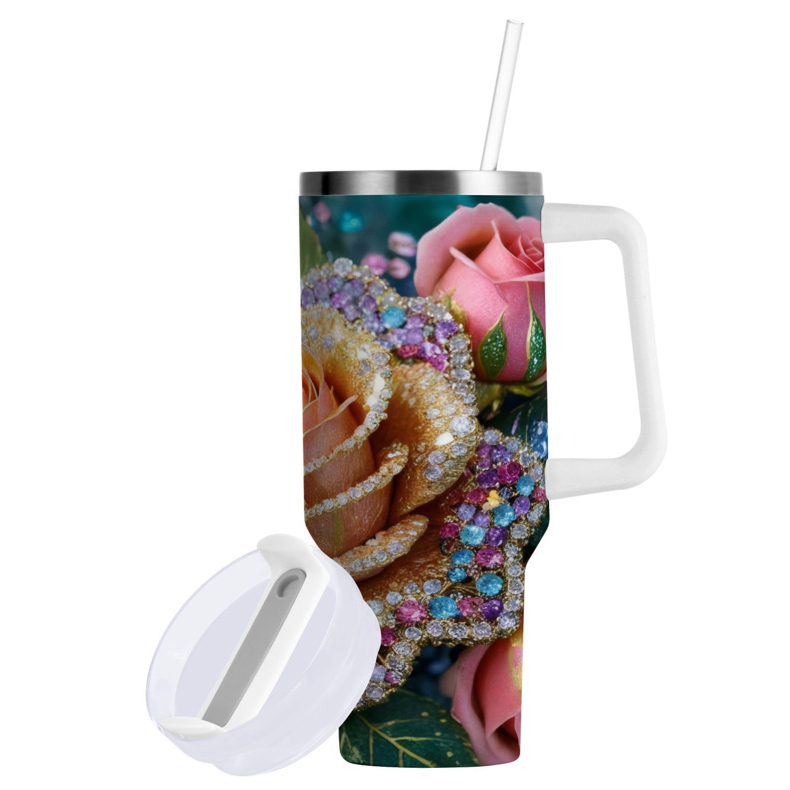 FLildon 40oz Tumbler with Handle and Straw Lid, Diamond Glitter Rose Valentines Day Insulated Coffee Mug Stainless Steel Water Bottle Leakproof Vacuum Travel Coffee Cup