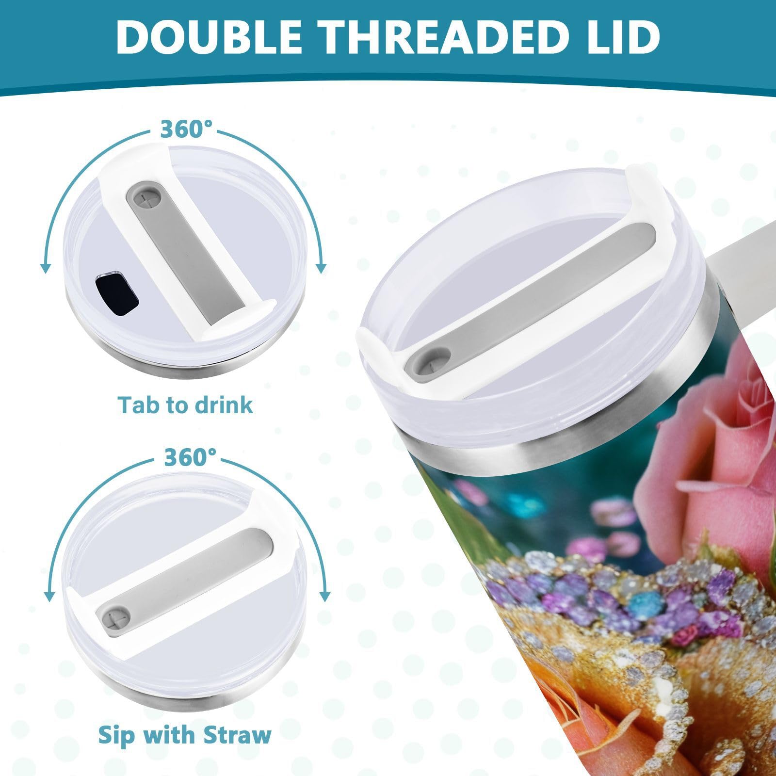 FLildon 40oz Tumbler with Handle and Straw Lid, Diamond Glitter Rose Valentines Day Insulated Coffee Mug Stainless Steel Water Bottle Leakproof Vacuum Travel Coffee Cup