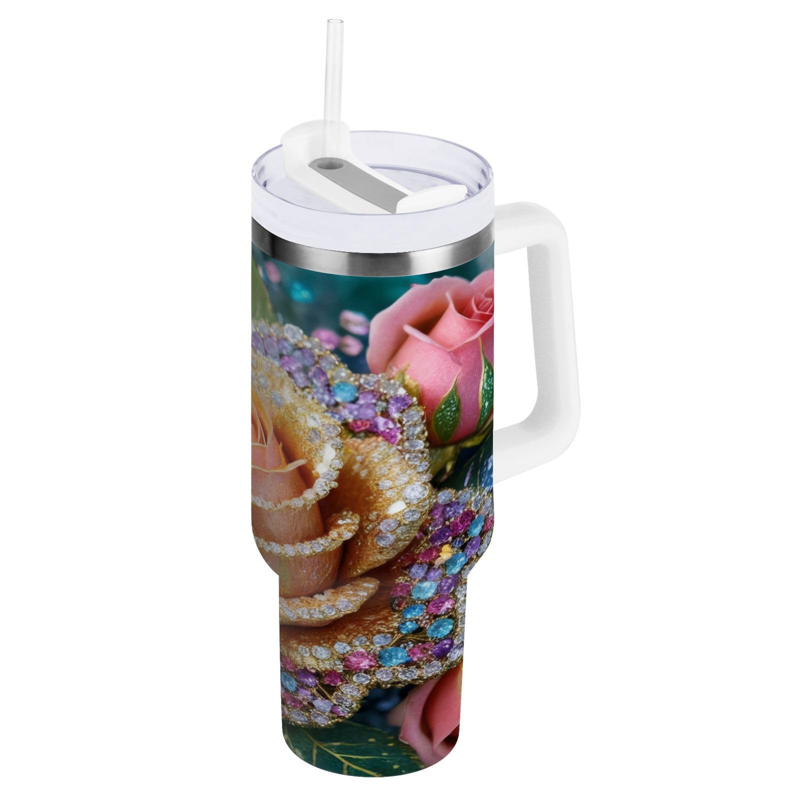 FLildon 40oz Tumbler with Handle and Straw Lid, Diamond Glitter Rose Valentines Day Insulated Coffee Mug Stainless Steel Water Bottle Leakproof Vacuum Travel Coffee Cup