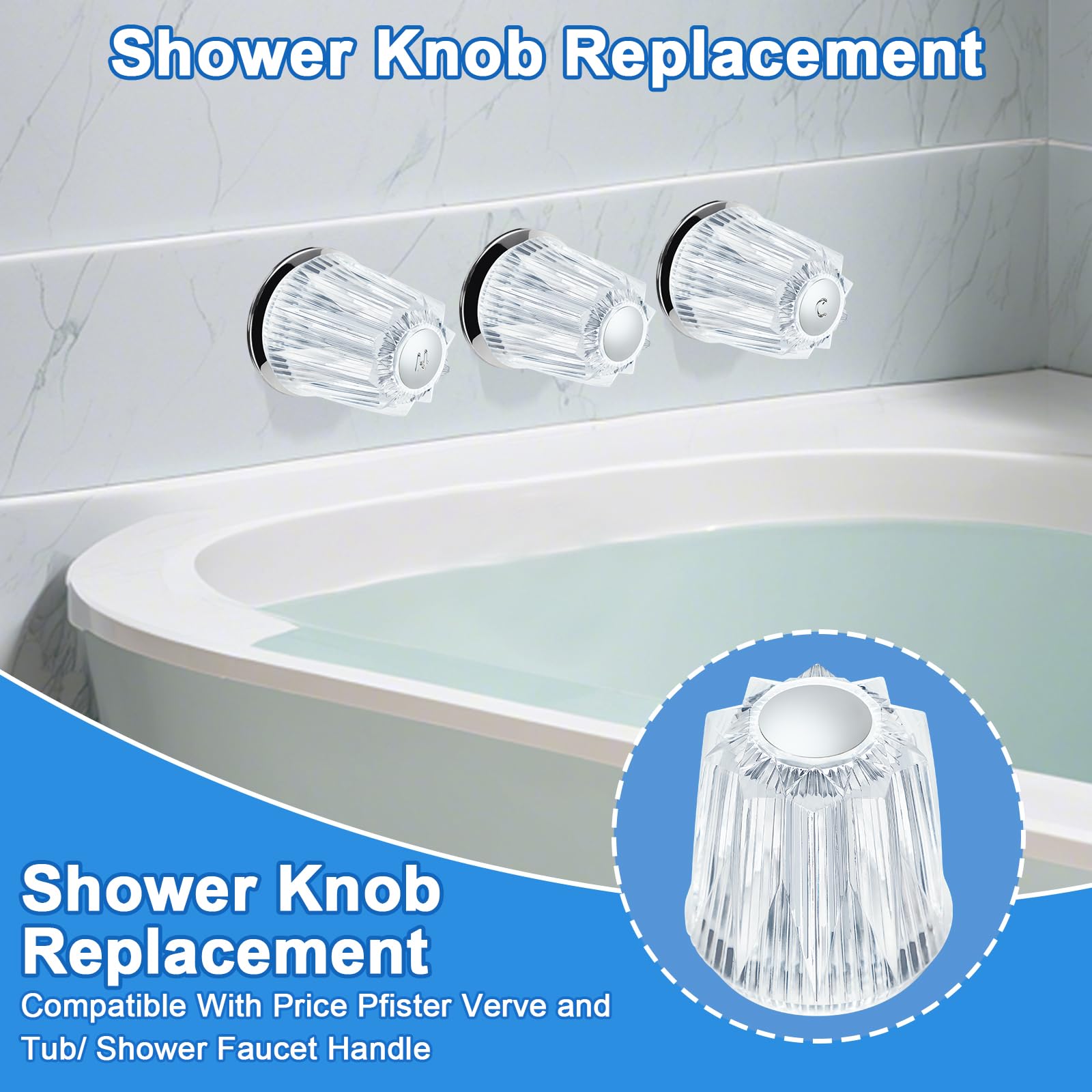 UCDETD Shower Knobs 3 Piece Replacement and Flange Base, Clear Acrylic Plastic Hot/Cold/Diverter Shower Knob Compatible with Price Pfister Contessa and Windsor Bathtub Shower Faucet Handle