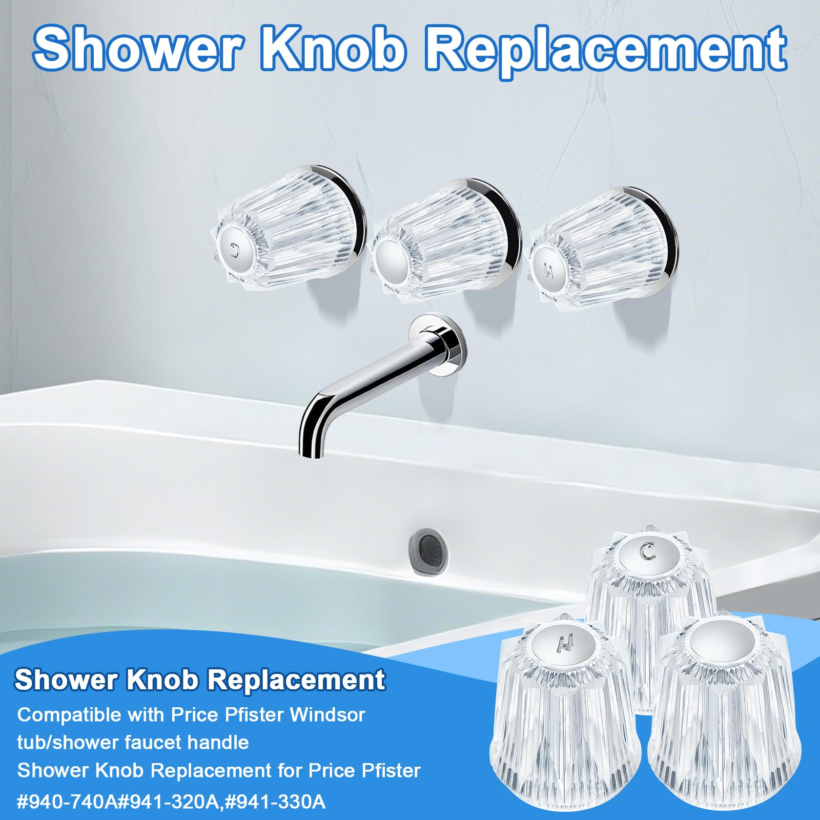UCDETD Shower Knobs 3 Piece Replacement and Flange Base, Clear Acrylic Plastic Hot/Cold/Diverter Shower Knob Compatible with Price Pfister Contessa and Windsor Bathtub Shower Faucet Handle
