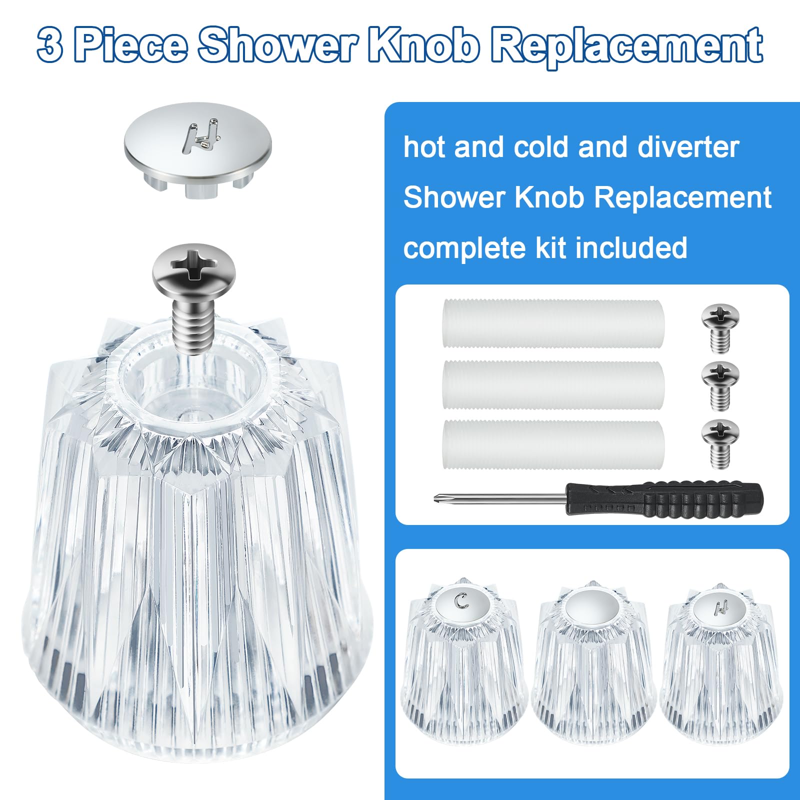 UCDETD Shower Knobs 3 Piece Replacement and Flange Base, Clear Acrylic Plastic Hot/Cold/Diverter Shower Knob Compatible with Price Pfister Contessa and Windsor Bathtub Shower Faucet Handle
