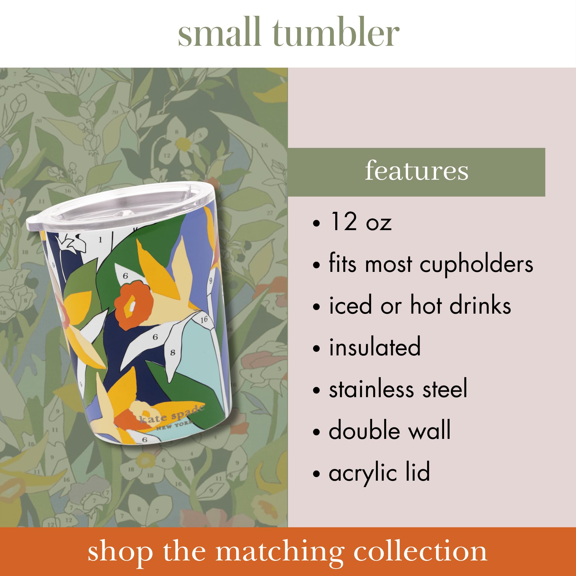 kate spade new york Small Insulated Stainless Steel Tumbler, 12 Ounce Double Wall Travel Coffee Cup with Lid, Paint by Numbers
