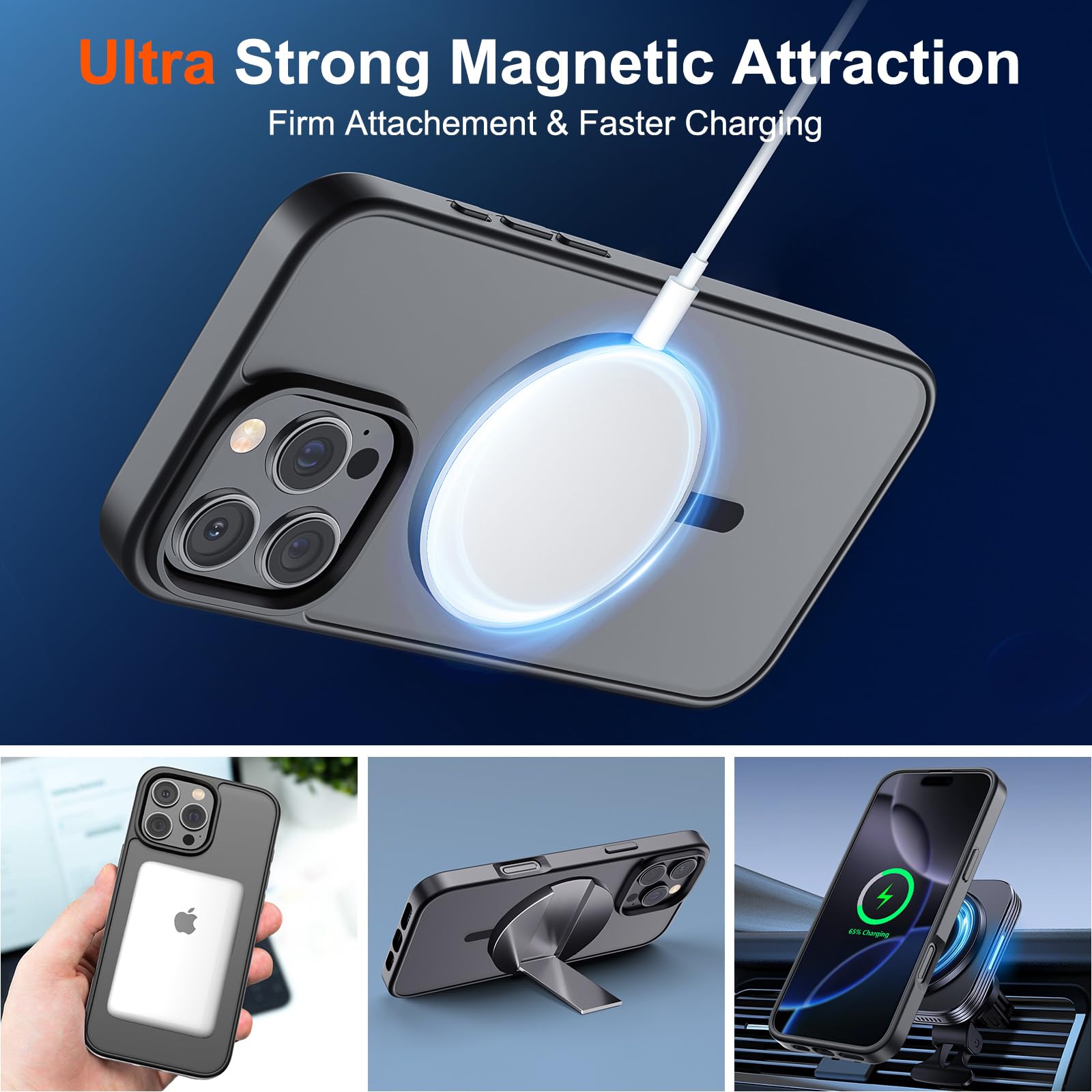 SUPFINE Magnetic for iPhone 16 Pro Case (Compatible with MagSafe) (Military Grade Drop Protection) Slim Translucent Matte Shockproof with Anti-Fingerprint Phone Case,Black