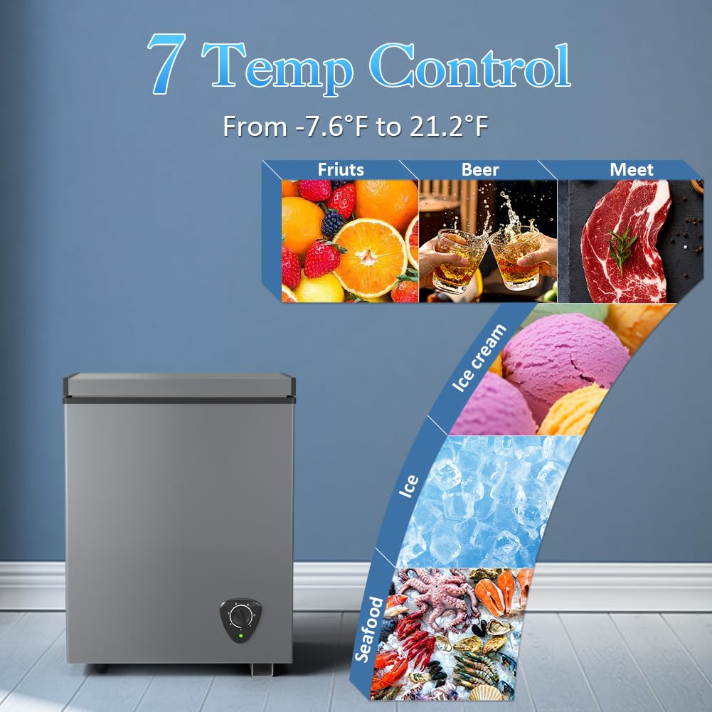LifePlus Chest Freezer - Compact Deep Freezer Small Freezer 7 Adjustable Temperature with Removable Basket, 3.5 Cubic Feet Energy Saving Super Quiet for Garage, Office, Kitchen, or Apartment, Gray