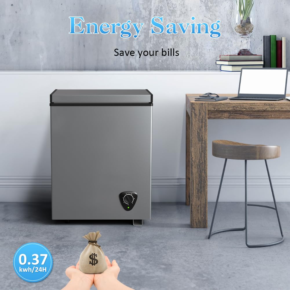 LifePlus Chest Freezer - Compact Deep Freezer Small Freezer 7 Adjustable Temperature with Removable Basket, 3.5 Cubic Feet Energy Saving Super Quiet for Garage, Office, Kitchen, or Apartment, Gray