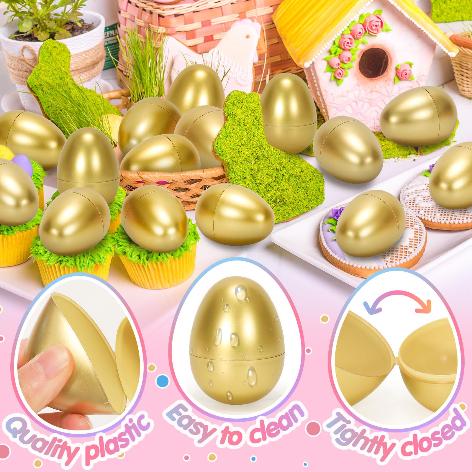 SevenQ Easter Eggs Empty 100Pcs, Fillable Plastic Golden Eggs for Easter Basket Stuffers Fidget Toy Easter Gifts for Kids Party Favors Pinata Treasure Box Candy Goodie Bags Fillers Egg Hunt Essentials