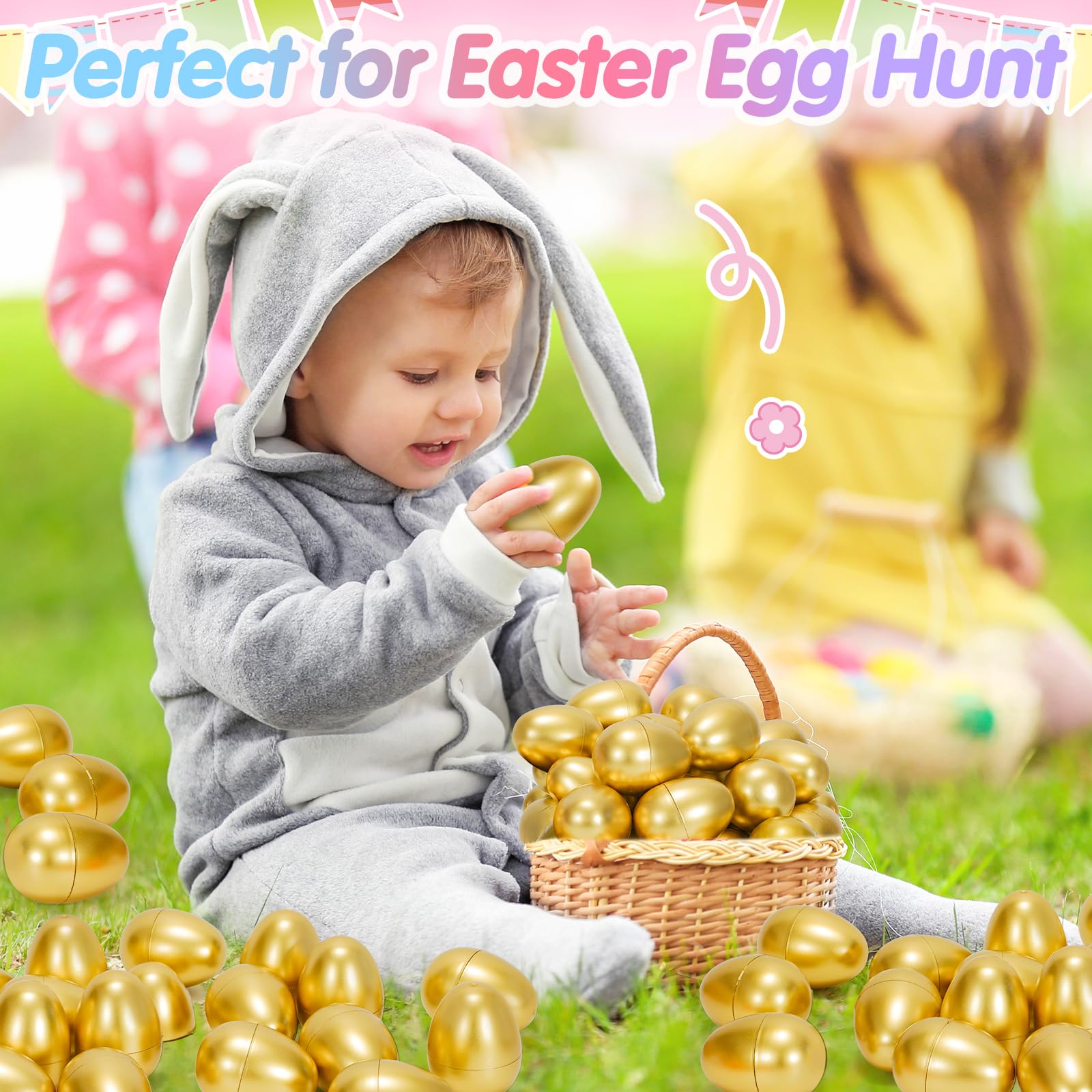 SevenQ Easter Eggs Empty 100Pcs, Fillable Plastic Golden Eggs for Easter Basket Stuffers Fidget Toy Easter Gifts for Kids Party Favors Pinata Treasure Box Candy Goodie Bags Fillers Egg Hunt Essentials
