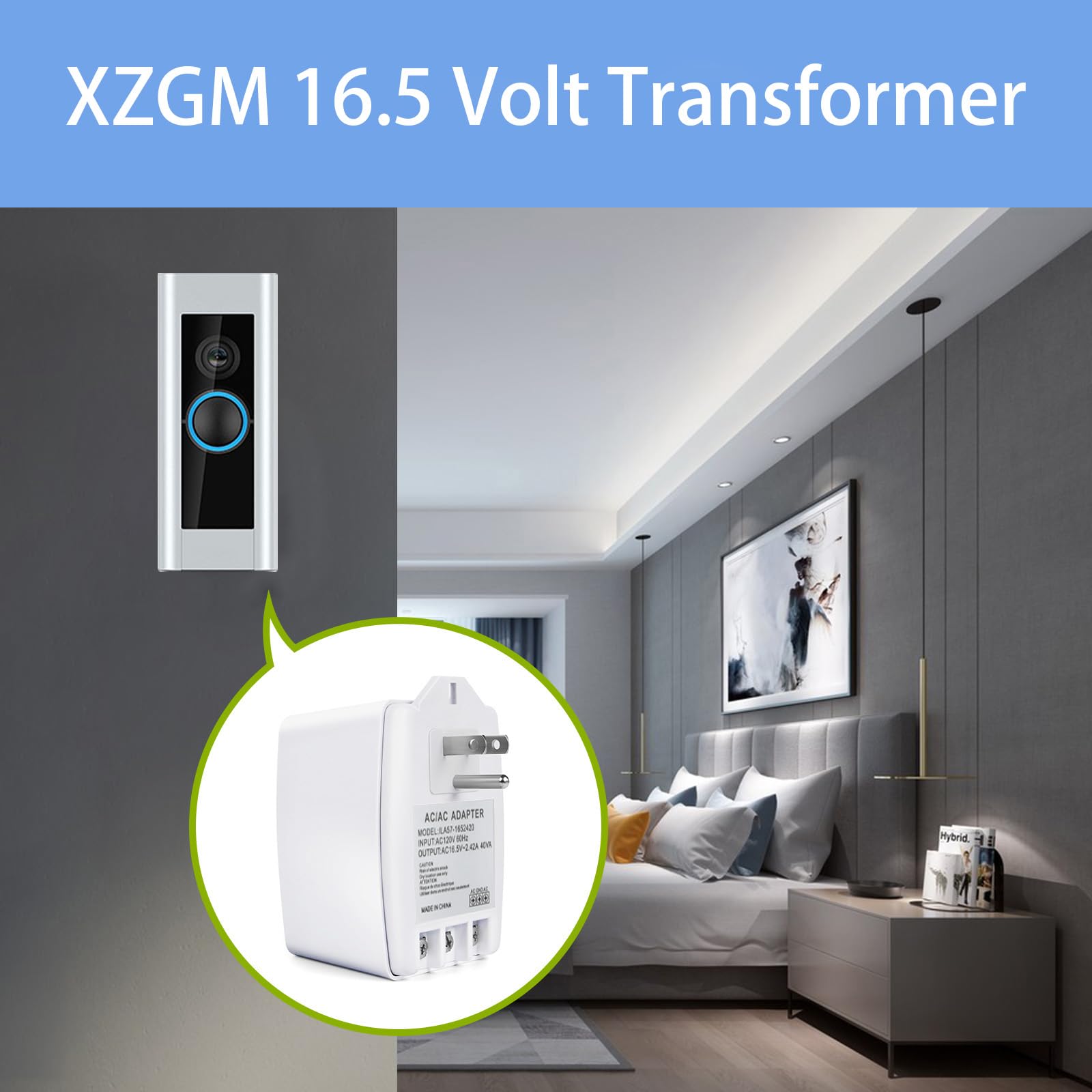 16.5V 40VA Doorbell Transformer Compatible with Nest Sensi Ecobee Plug-in Transformer and All Versions of Ring Doorbell Transformer with Screw Terminals & Auto-Resetting Fuse