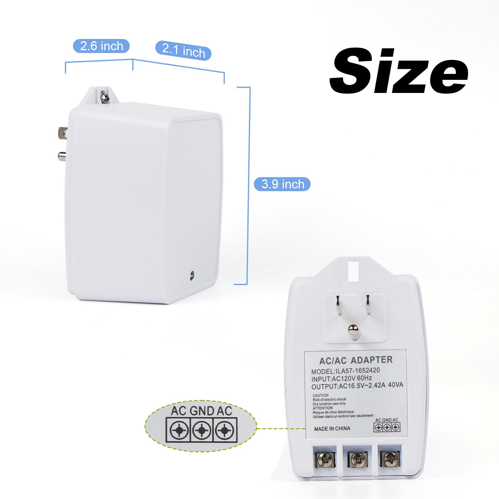 16.5V 40VA Doorbell Transformer Compatible with Nest Sensi Ecobee Plug-in Transformer and All Versions of Ring Doorbell Transformer with Screw Terminals & Auto-Resetting Fuse