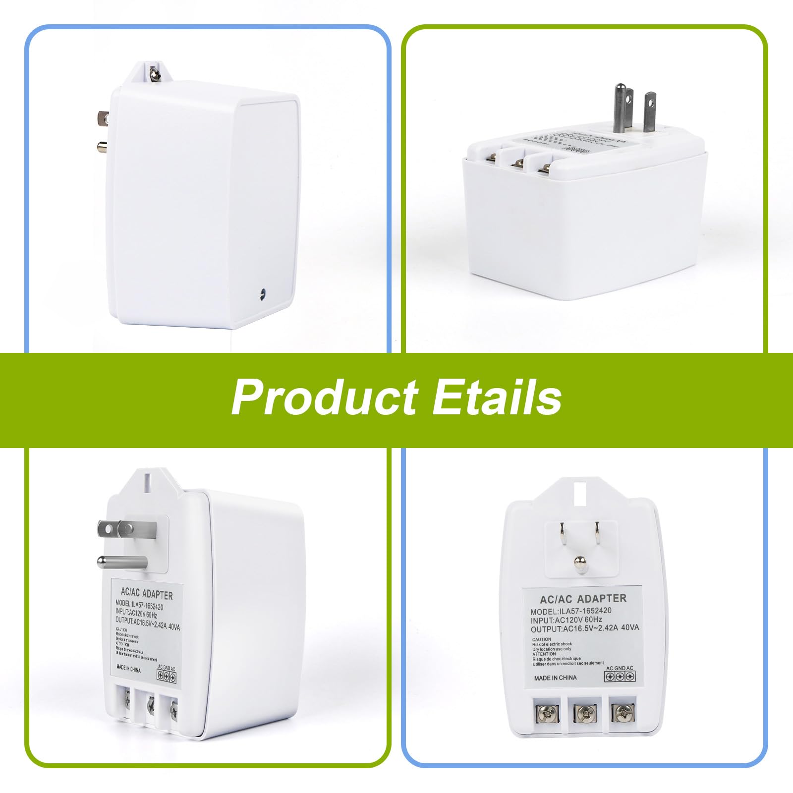 16.5V 40VA Doorbell Transformer Compatible with Nest Sensi Ecobee Plug-in Transformer and All Versions of Ring Doorbell Transformer with Screw Terminals & Auto-Resetting Fuse