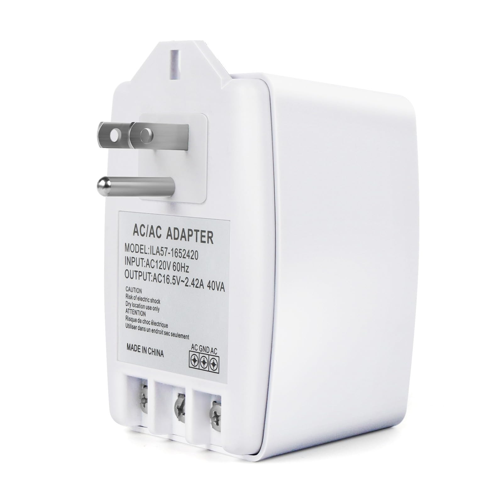 16.5V 40VA Doorbell Transformer Compatible with Nest Sensi Ecobee Plug-in Transformer and All Versions of Ring Doorbell Transformer with Screw Terminals & Auto-Resetting Fuse