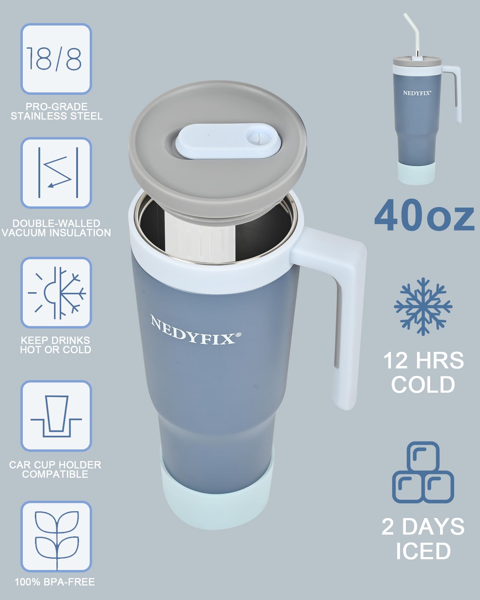 Nedyfix 40 oz Tumbler with Handle and Straw Stainless Steel Water Bottle Car Cup Holder Friendly Travel Mug Cup-Dark Blue