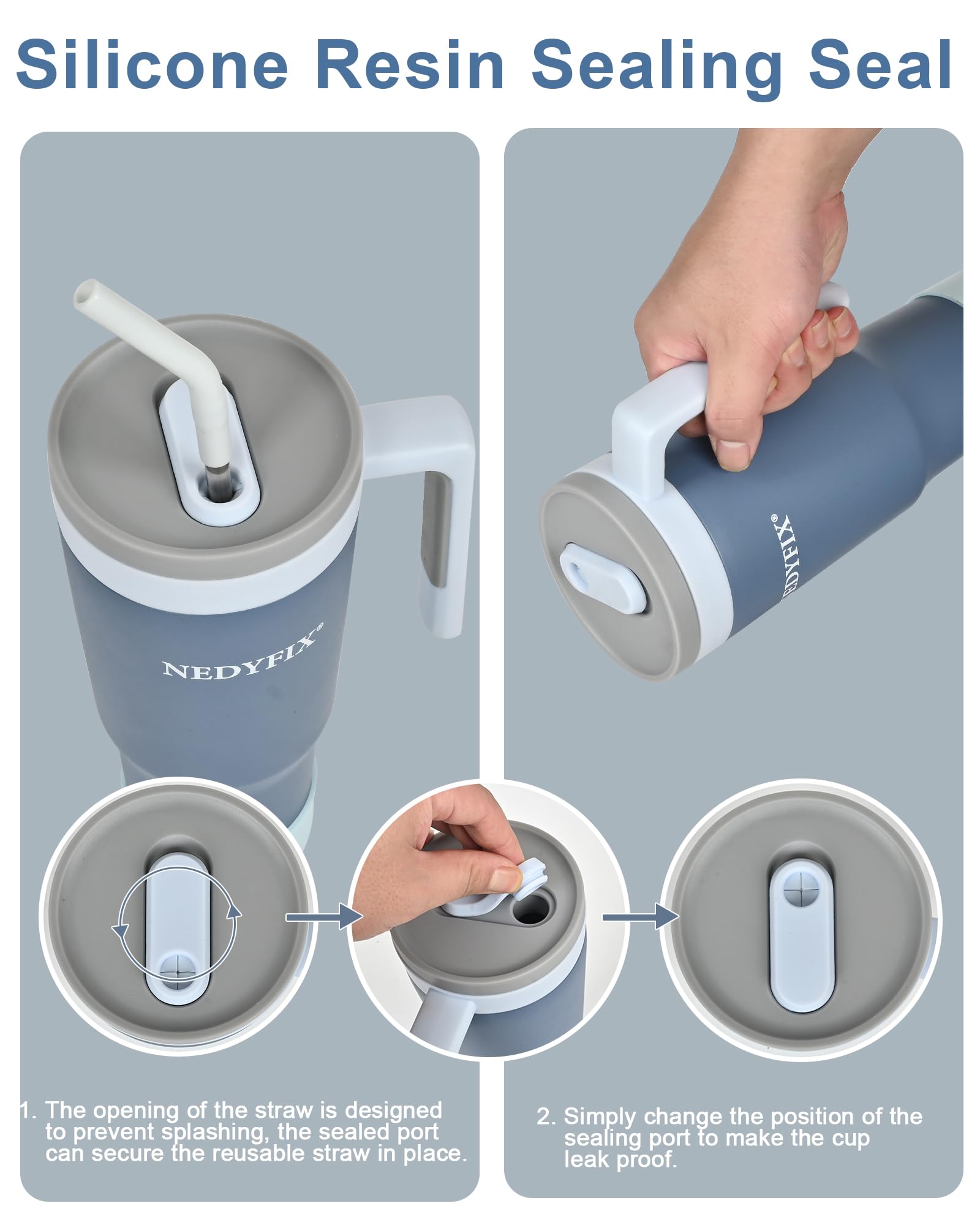 Nedyfix 40 oz Tumbler with Handle and Straw Stainless Steel Water Bottle Car Cup Holder Friendly Travel Mug Cup-Dark Blue