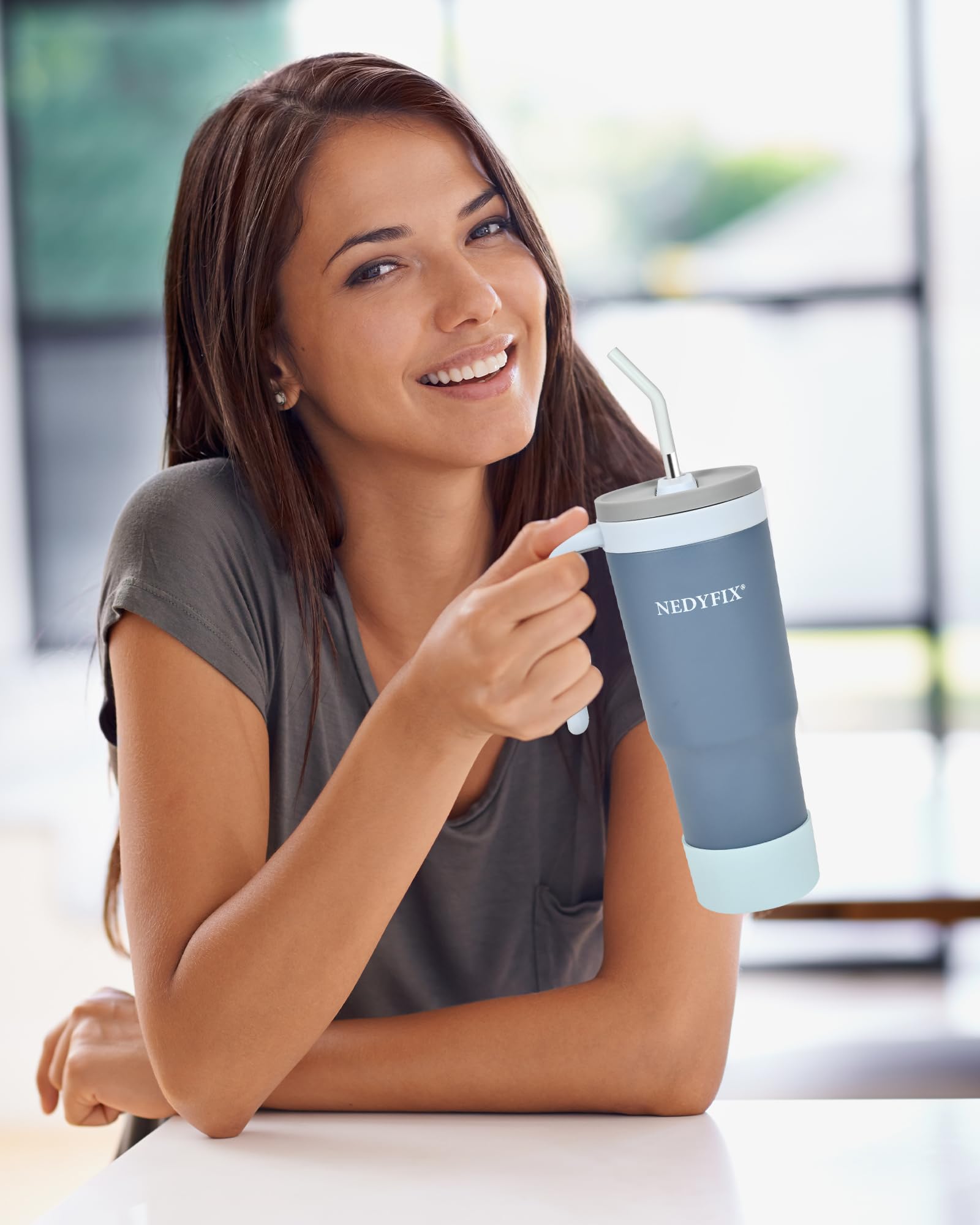 Nedyfix 40 oz Tumbler with Handle and Straw Stainless Steel Water Bottle Car Cup Holder Friendly Travel Mug Cup-Dark Blue