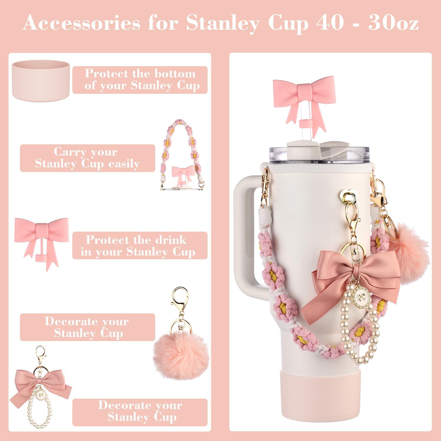Stanley Cup Accessories Set Including Siliocne Straw Cover, Siliocne Boot, Water Bottle Handle Strap for Stanley Cup 40oz 30oz Tumbler with Handle (Pink butterflies)