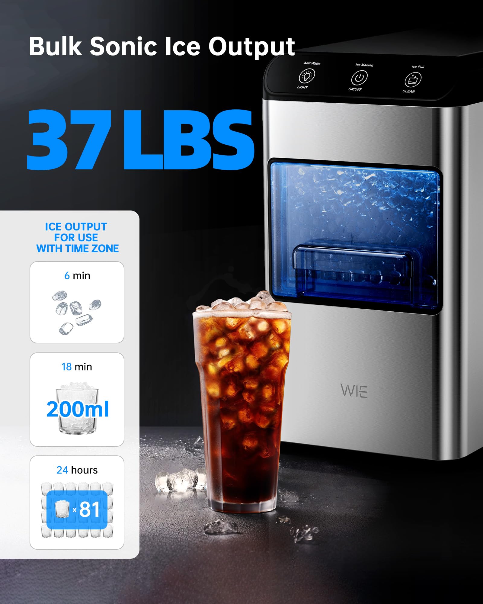 Ice Makers Countertop Nugget for Home Kitchen 37LBS, Pebble Counter Top Ice Machine, Mini Small Ice Maker,Portable Sonic Chewable Pellet Soft Icemaker, LED Maquina de Hielo Tabletop Self Cleaning