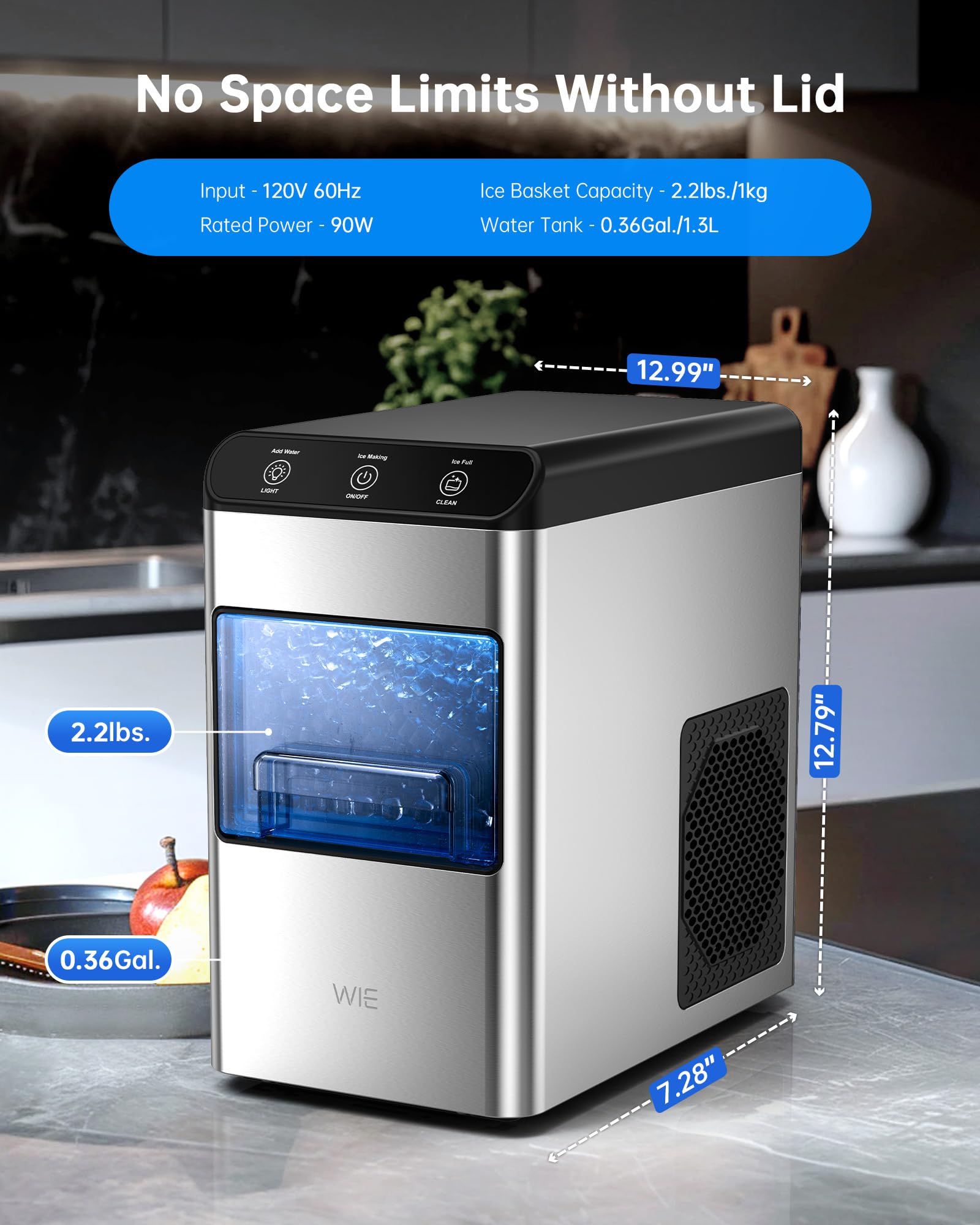 Ice Makers Countertop Nugget for Home Kitchen 37LBS, Pebble Counter Top Ice Machine, Mini Small Ice Maker,Portable Sonic Chewable Pellet Soft Icemaker, LED Maquina de Hielo Tabletop Self Cleaning