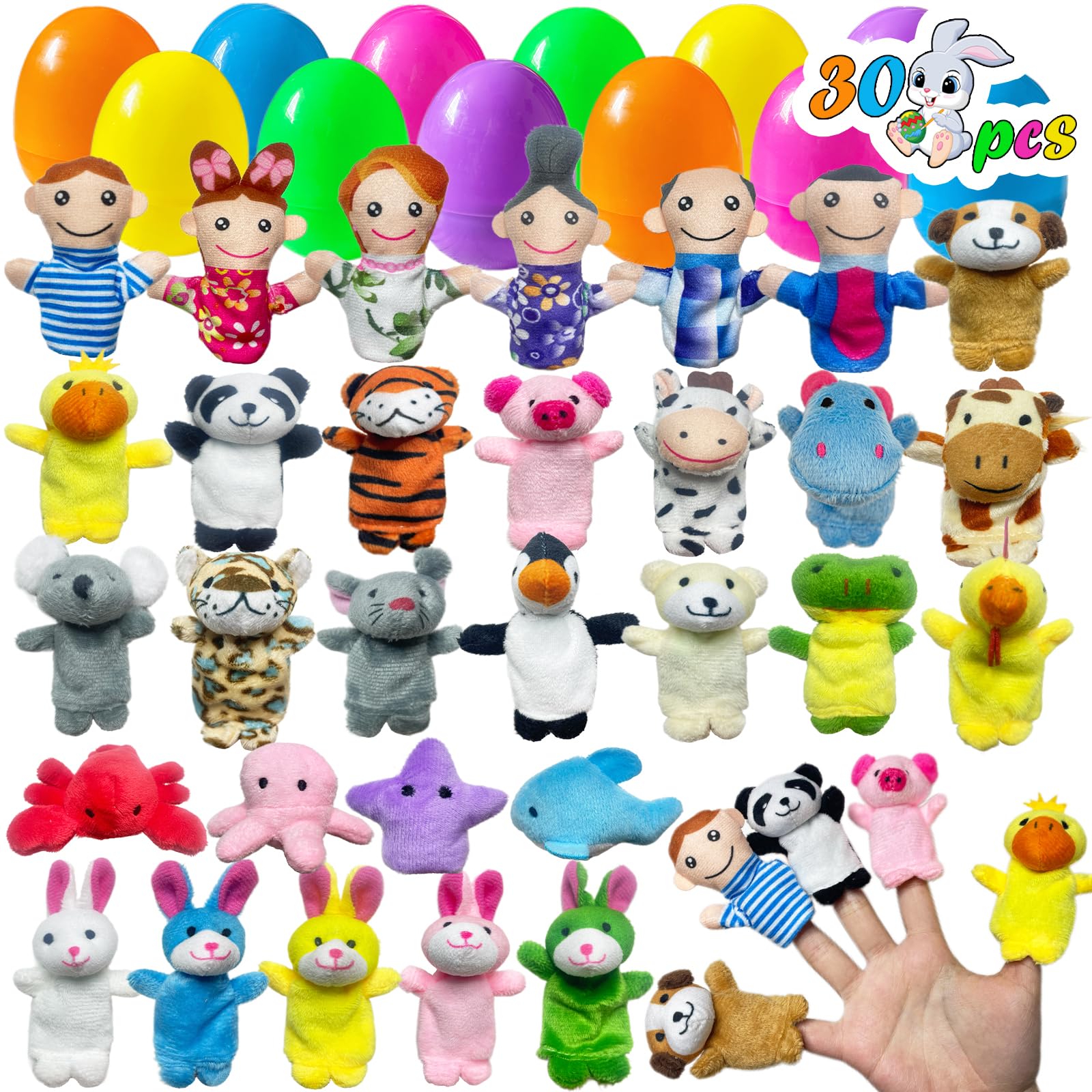 30 Pcs Prefilled Easter Eggs with Mini Animal Finger Puppets Toys for Toddlers and Kids Pre Stuffed Cool Stuff Fillers for Easter Egg Hunt Easter Basket Stuffers Small Cute Farm Animal Prize Supplies