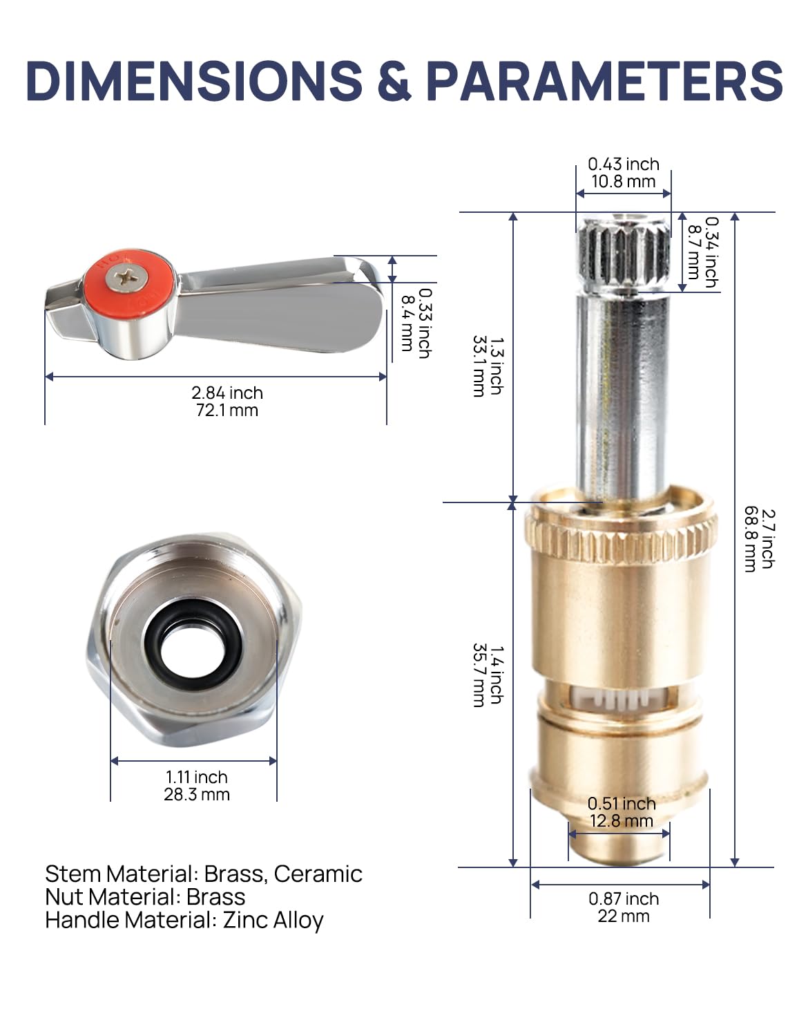 Sepaitek Faucet Handle Repalcement Valve Stem Repalcement Assembly, Faucet Parts for Commercial Kitchen Faucet, Brass Constructed with Ceramic Disc, Red for Hot