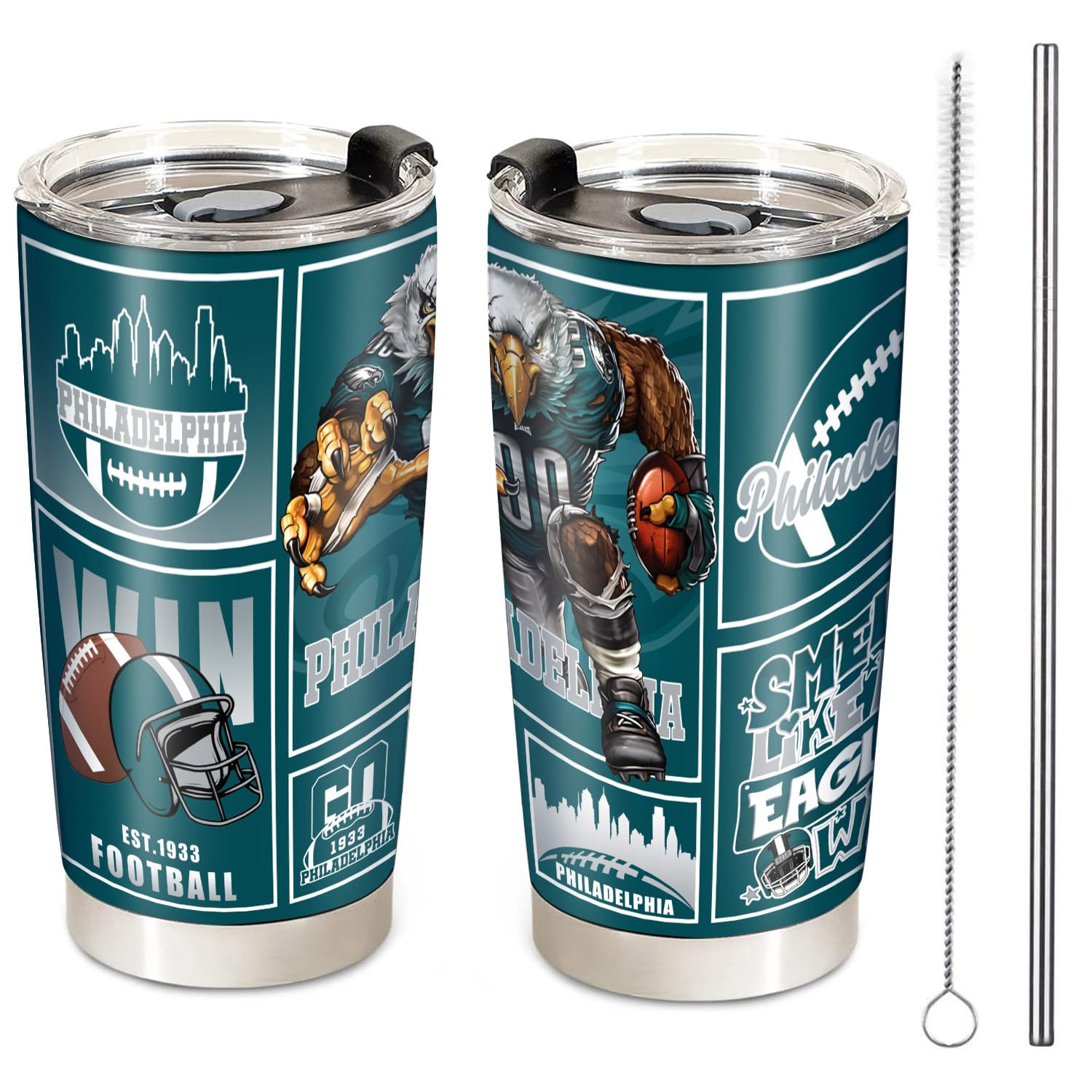 20oz Insulated Stainless Steel Tumbler, Coffee Travel Mug, Sports Style Double Wall Powder Coated Insulated Coffee Mug Travel Mug with with Lid and Straw Thermal Cup for Philadelphia
