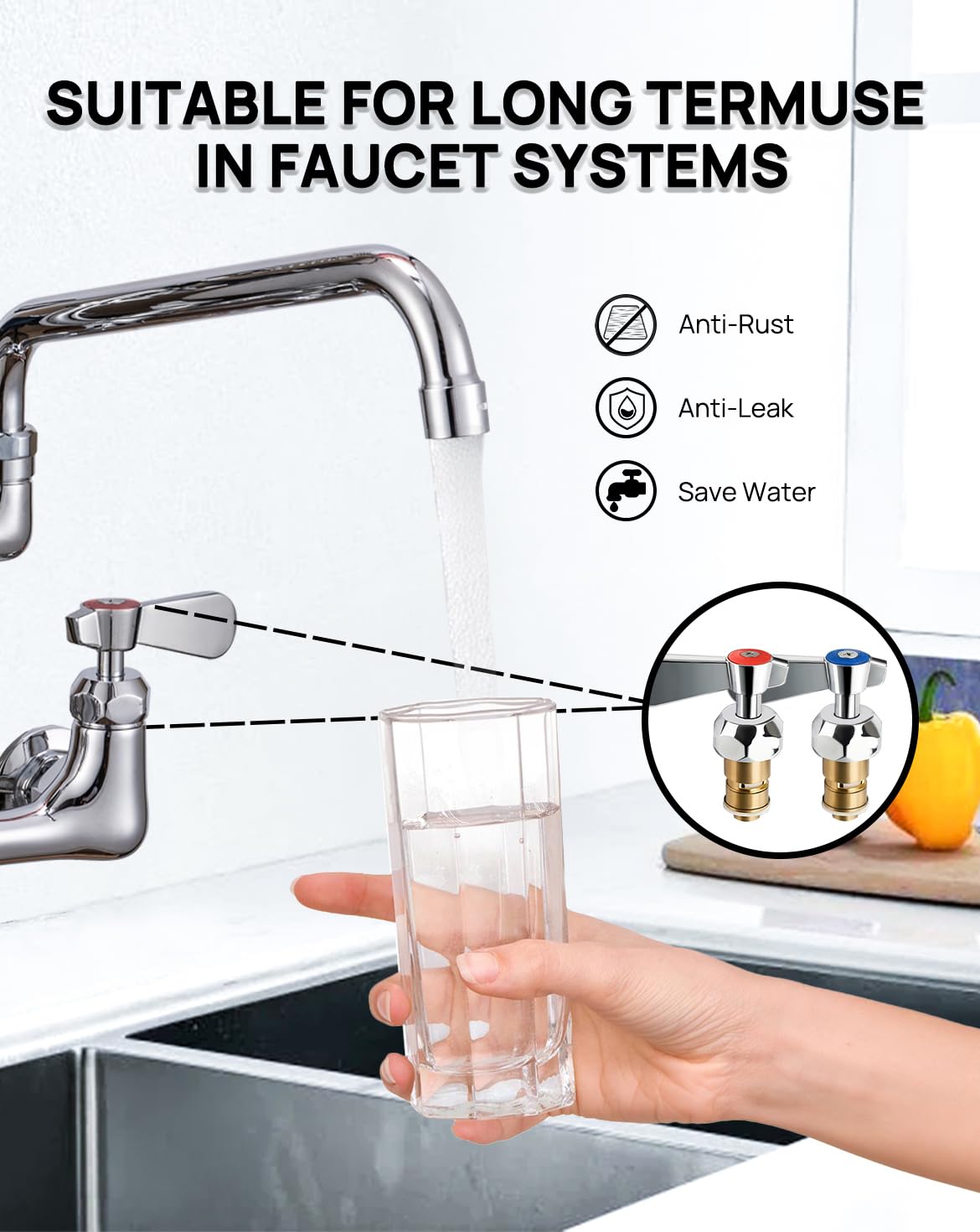 Phivan Lead-Free Brass Handle Stem Assembly Commercial Faucet Parts for Most Commercial Kitchen Sink Faucet Hot and Cold Side Handle Ceramic Cartridge Fits Kitchen, Restaurant, Industrial