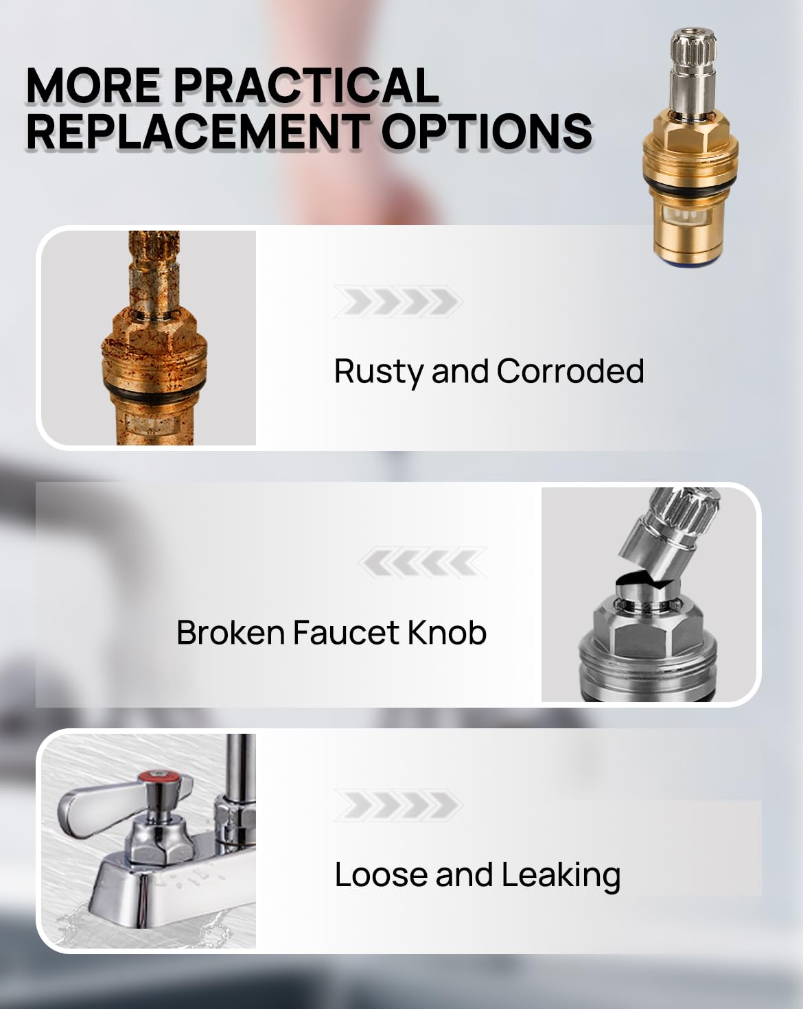 Phivan Brass Handle Stem Assembly Ceramic Faucet Valve Cartridge 20 Teeth Commercial Faucet Parts for Most Commercial Kitchen Sink Faucet, Compatible with Cold Widespread Cartridge Replacement