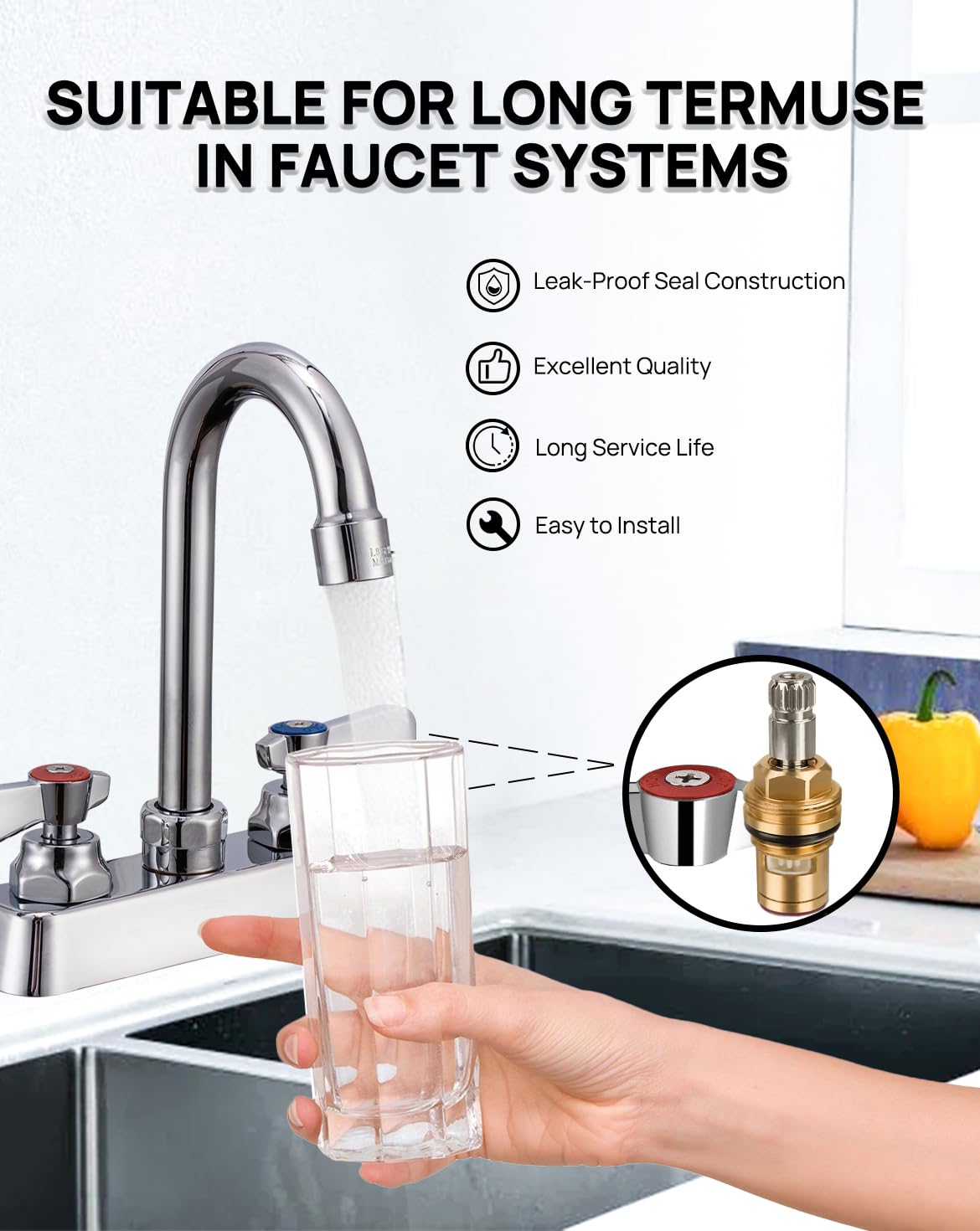 Phivan Brass Handle Stem Assembly Ceramic Faucet Valve Cartridge 20 Teeth Commercial Faucet Parts for Most Commercial Kitchen Sink Faucet, Compatible with Hot Widespread Cartridge Replacement