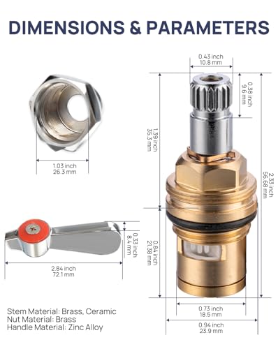 Sepaitek Red Hot Faucet Handle Repalcement Valve Stem Repalcement Assembly, Faucet Parts for Commercial Kitchen Faucet, Brass Constructed with Ceramic Disc