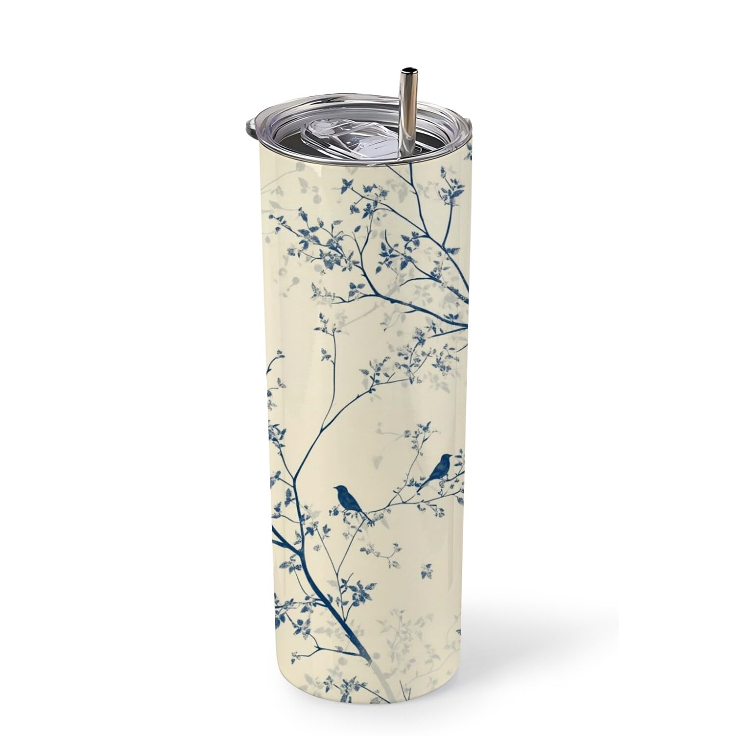 Medpol Flower and bird tumbler with lid and straw 20 oz insulated tumbler cups Minimally printed flower and bird insulated travel coffee mugs for women cute sippy cups stainless insulated travel cups