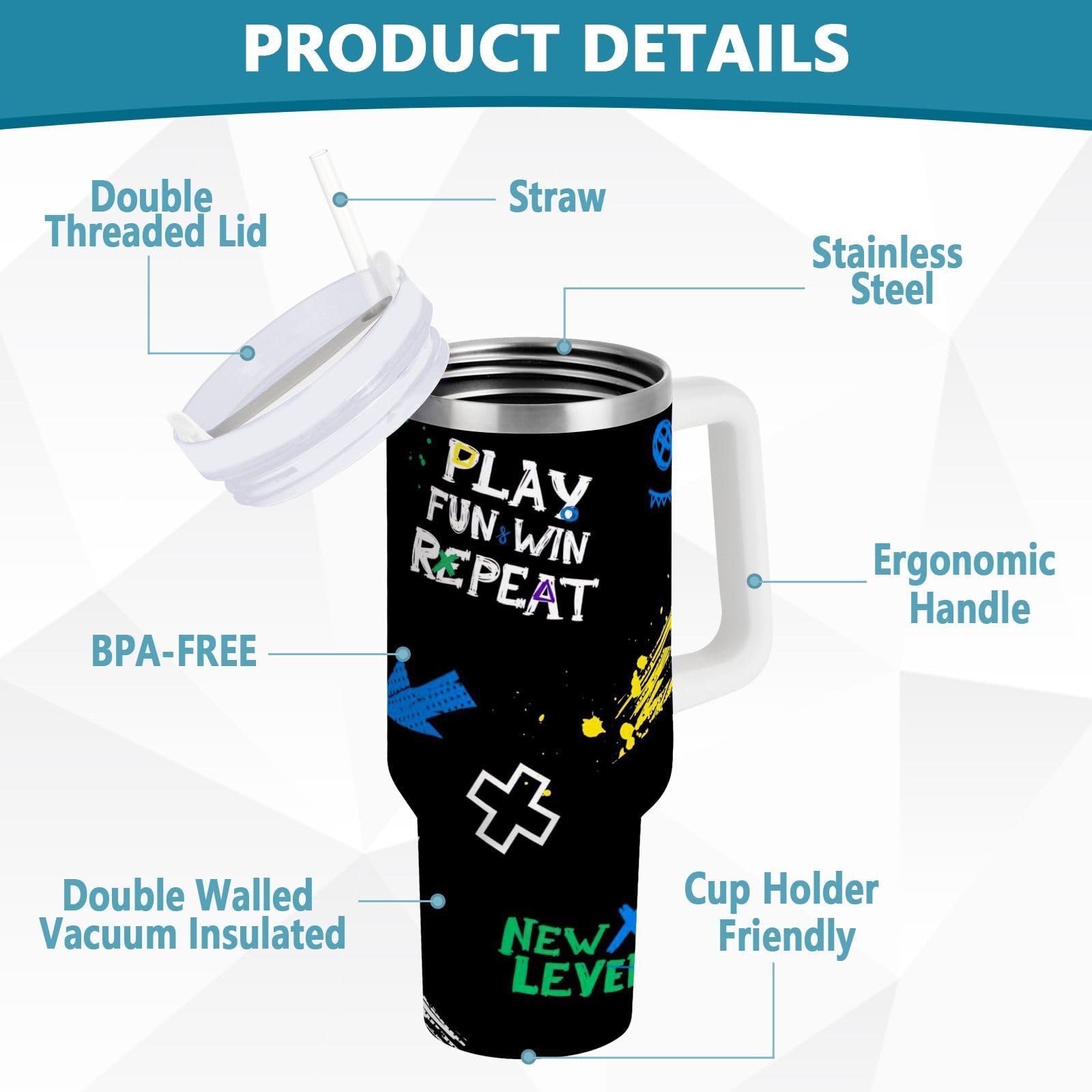 RPLIFE Abstract Gamepads Pattern Tumbler, Stainless Steel Coffee Mug, Insulated Tumbler, Tumblers for Women
