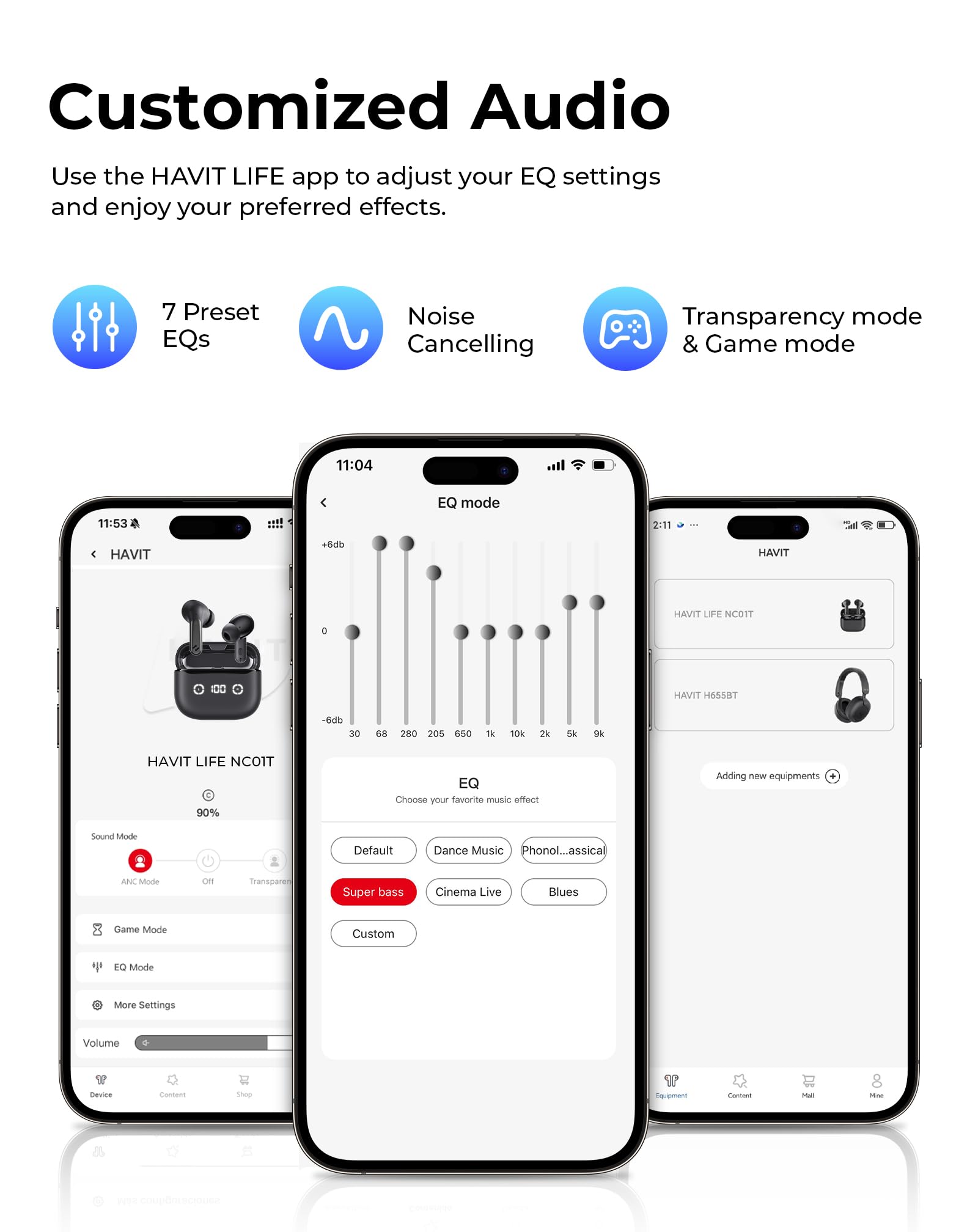 havit Wireless Earbuds Noise Cancelling, Bluetooth 5.4 Headphones with 4 ENC Noise Cancelling Mic, 40H Playtime, in-Ear Bluetooth Ear Buds 7 Preset EQs via App LED Display