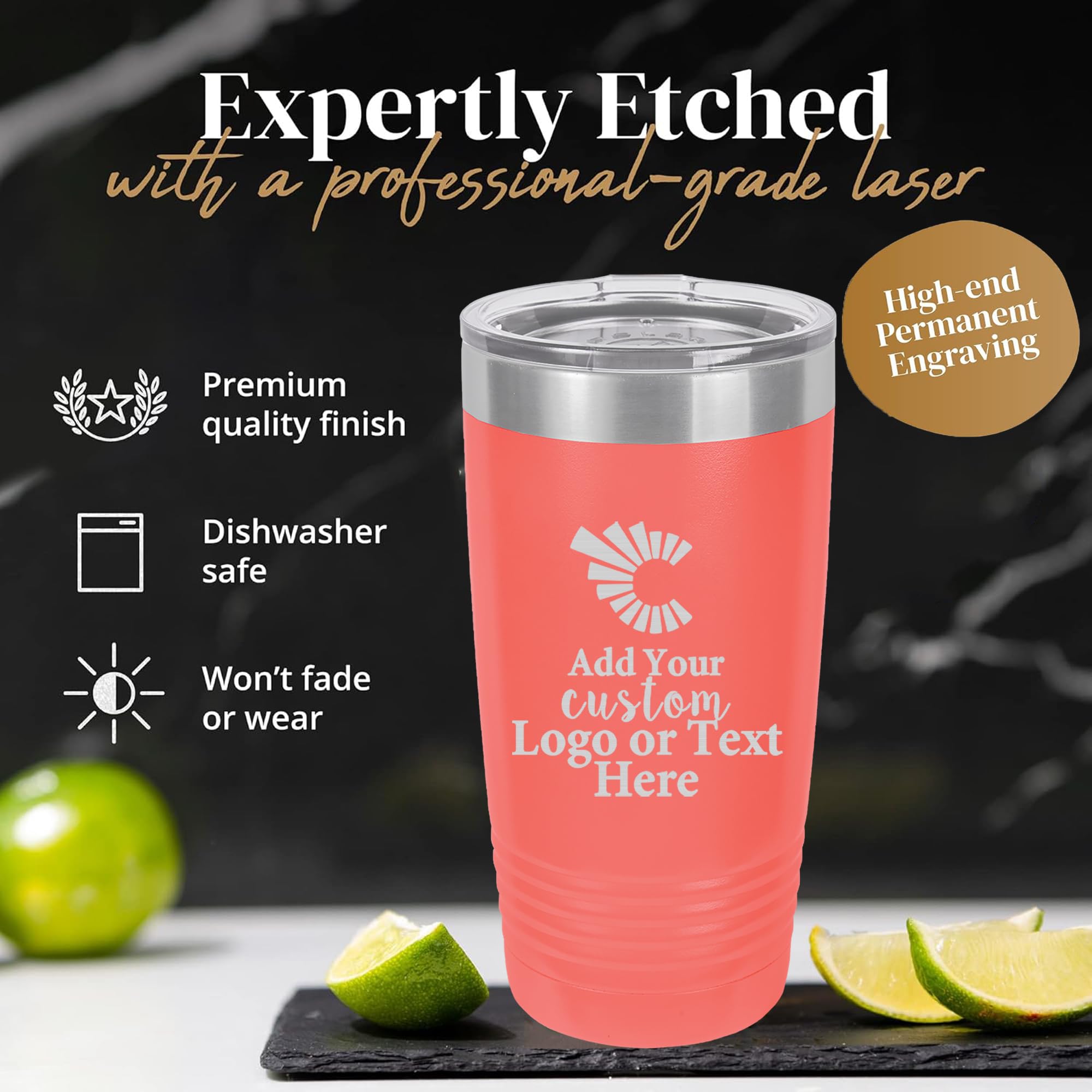 Personalized Tumbler with Your Text or Logo, Custom Stainless Steel Travel Mugs, Engraved Coffee Mugs with Lid, Double Wall Insulated, Personalized Bulk Pack, Christmas Birthday Gifts (20oz, 12 count)