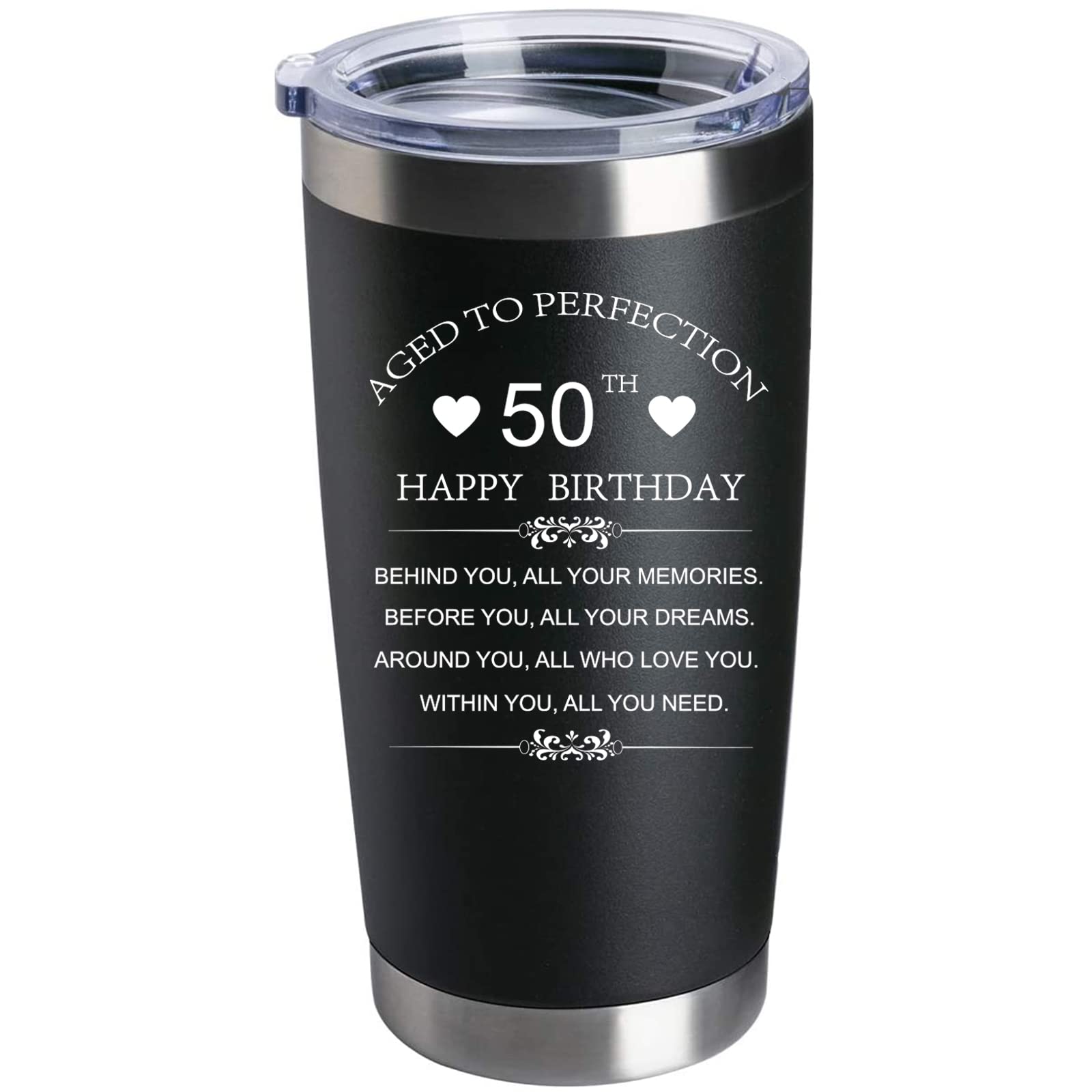 Calltoge Inspirational 1975 50th Birthday Gifts for Women Men 20oz Stainless Steel Black Travel Car Tumbler Mug Behind You All Your Memories Before You All Your Dreams 50 Years Old Present