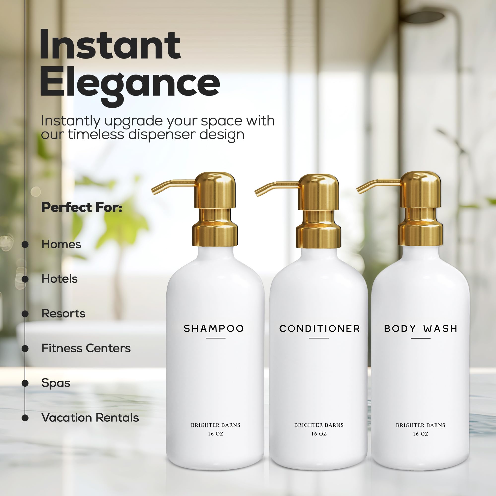 Luxury Shampoo and Conditioner Dispenser Set by Brighter Barns - Shower Soap Dispenser - Shampoo Conditioner Body Wash Dispenser & Pump - White and Gold Bathroom Accessories in Spa, Hotel, Gift (Gold)