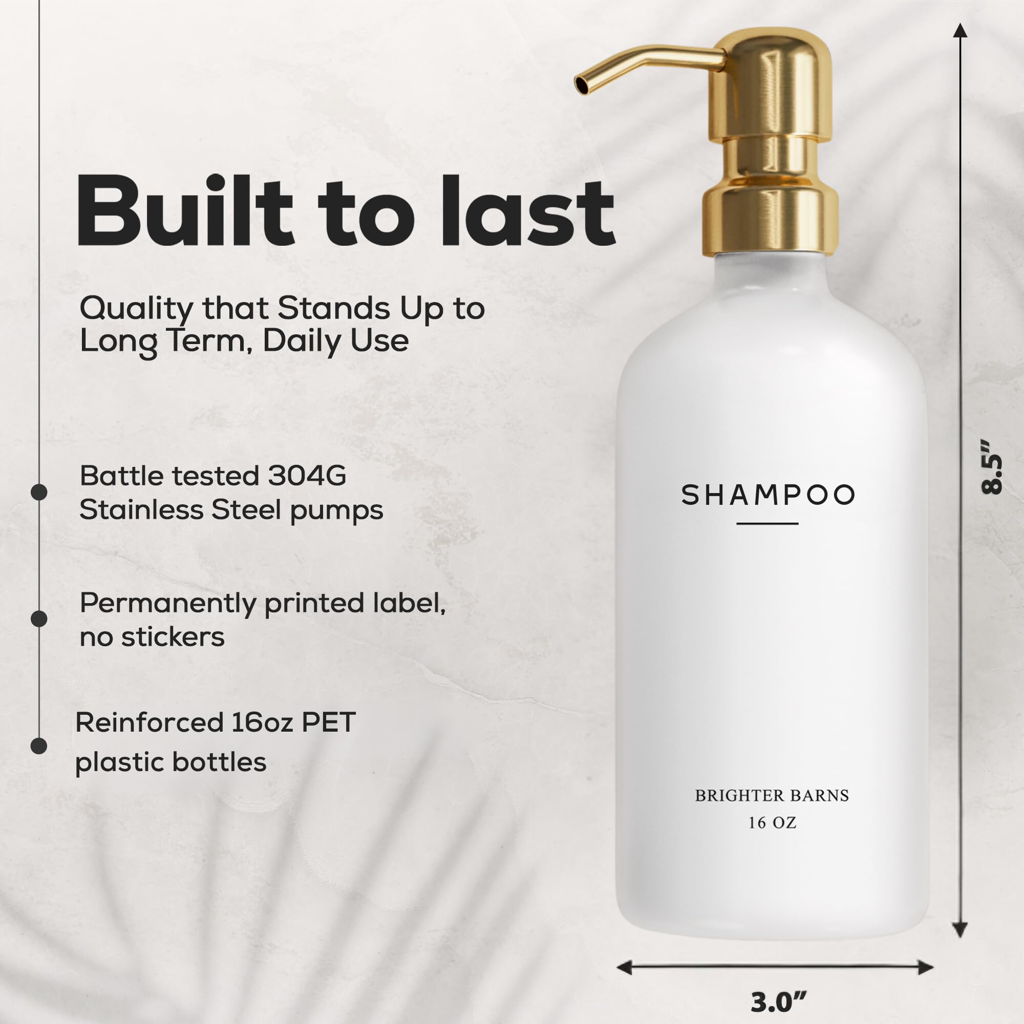 Luxury Shampoo and Conditioner Dispenser Set by Brighter Barns - Shower Soap Dispenser - Shampoo Conditioner Body Wash Dispenser & Pump - White and Gold Bathroom Accessories in Spa, Hotel, Gift (Gold)