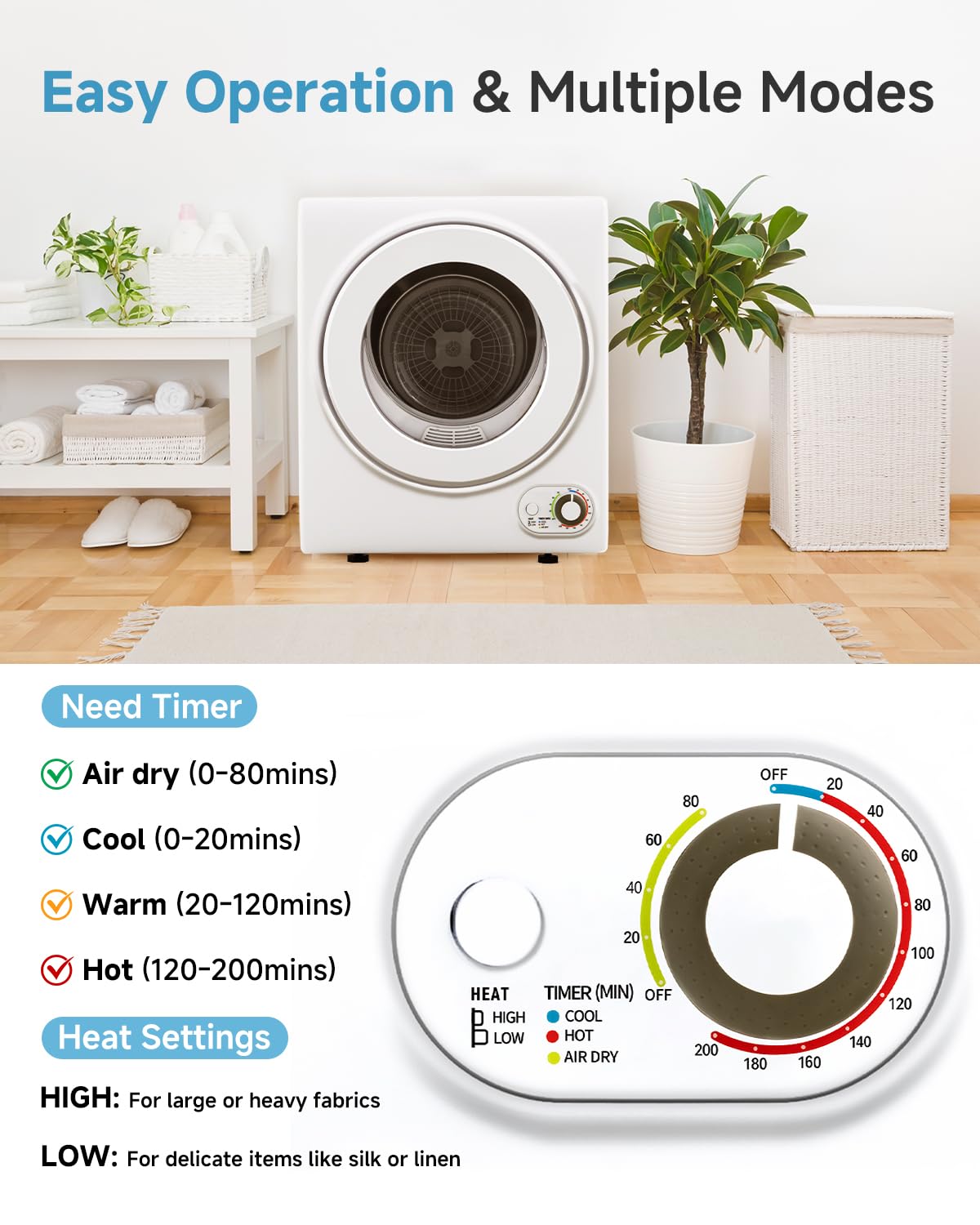 Feelfunn 110V Portable Dryer – 850W Compact Clothes Dryer with 4 Automatic Drying Modes, Stainless Steel Tub, Simple Control Knob for Apartments, Dorms & Small Spaces