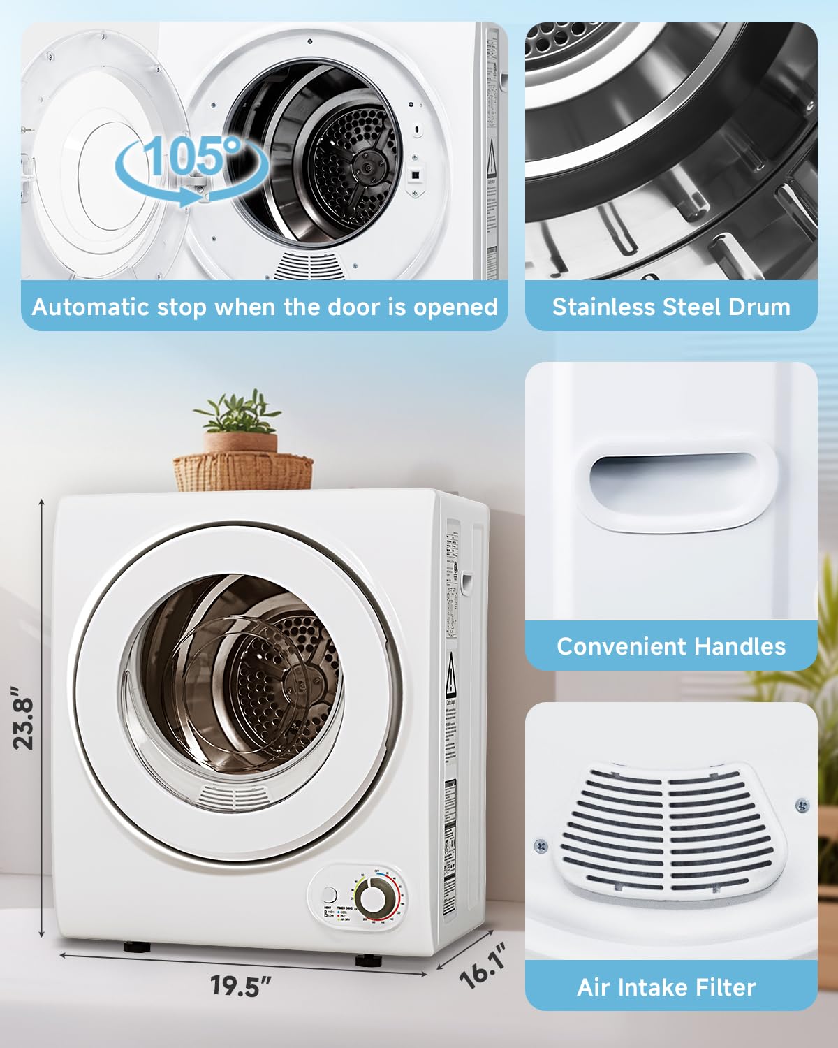 Feelfunn 110V Portable Dryer – 850W Compact Clothes Dryer with 4 Automatic Drying Modes, Stainless Steel Tub, Simple Control Knob for Apartments, Dorms & Small Spaces