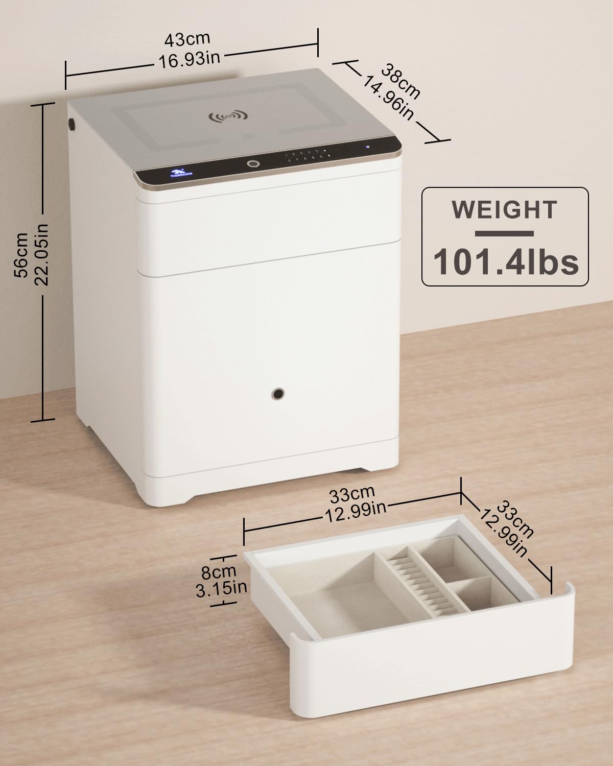 TIGERKING 3-in-1 Biometric Heavy Nightstand Safe, Lockable Drawer Gun Safes with Wireless Charging Station, Home Safe Adjustable Lighting with USB & Type-C Port for Bedroom Office, White