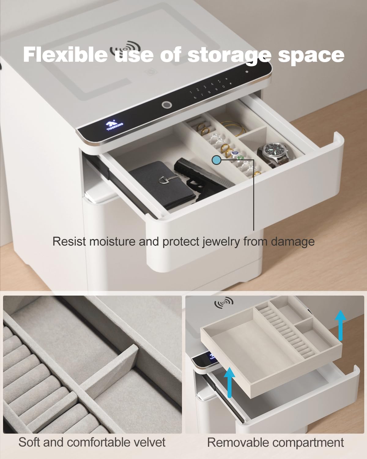 TIGERKING 3-in-1 Biometric Heavy Nightstand Safe, Lockable Drawer Gun Safes with Wireless Charging Station, Home Safe Adjustable Lighting with USB & Type-C Port for Bedroom Office, White