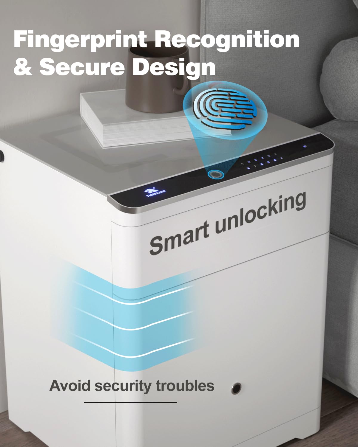 TIGERKING 3-in-1 Biometric Heavy Nightstand Safe, Lockable Drawer Gun Safes with Wireless Charging Station, Home Safe Adjustable Lighting with USB & Type-C Port for Bedroom Office, White