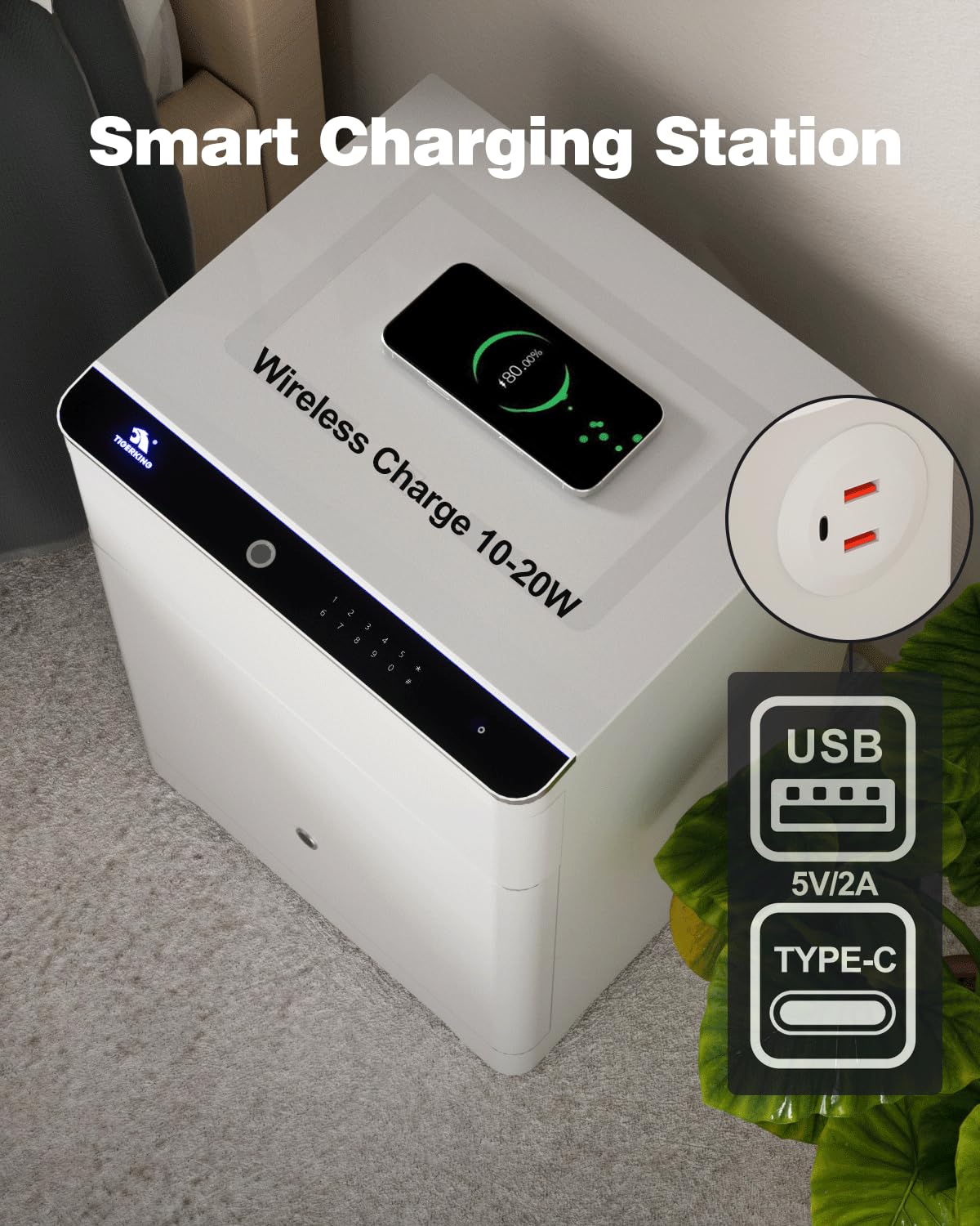 TIGERKING 3-in-1 Biometric Heavy Nightstand Safe, Lockable Drawer Gun Safes with Wireless Charging Station, Home Safe Adjustable Lighting with USB & Type-C Port for Bedroom Office, White