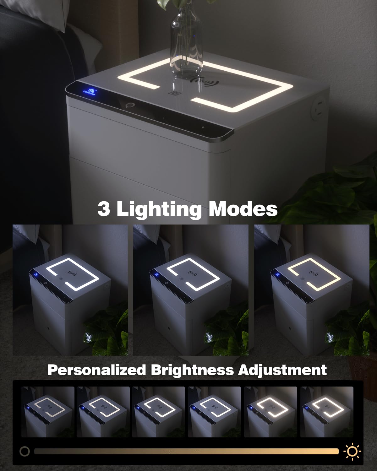 TIGERKING 3-in-1 Biometric Heavy Nightstand Safe, Lockable Drawer Gun Safes with Wireless Charging Station, Home Safe Adjustable Lighting with USB & Type-C Port for Bedroom Office, White