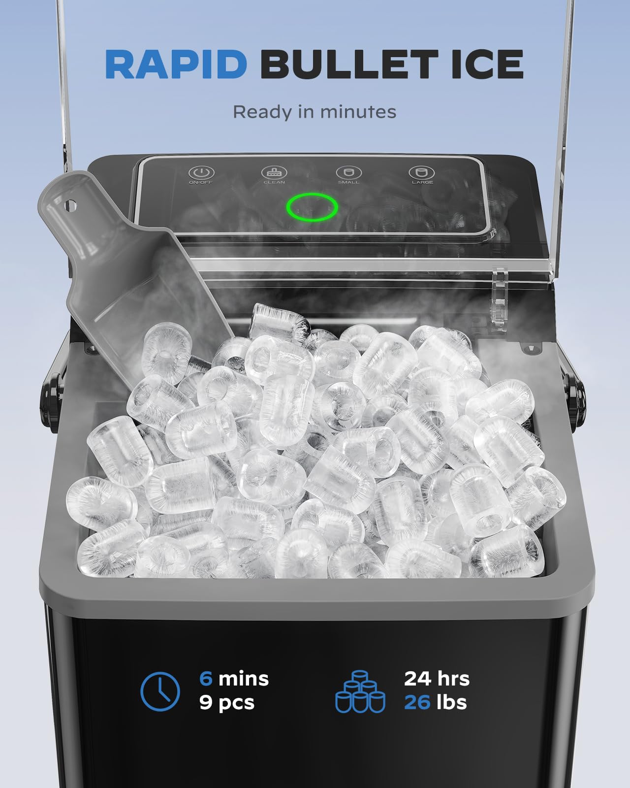 HOMEZAY Countertop Ice Maker, Compact Ice Maker with Larger 2.5L Expanding Ice Basket & 1.8L Water Tank, Smart Touch Control, 9 ICES in 6 Mins, 26 lbs per Day, Self-Cleaning, for Home/Party/Office/RV
