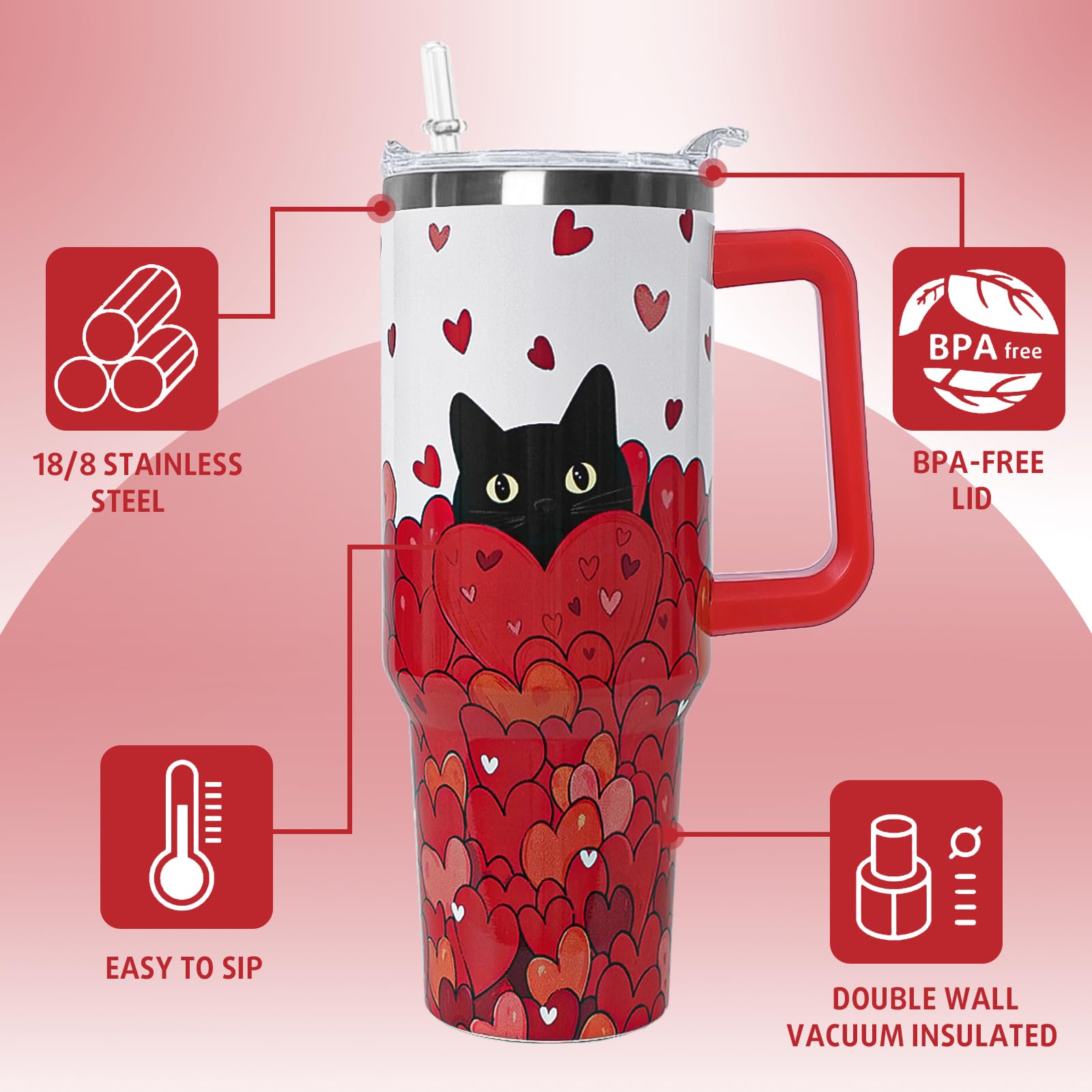 Nqhsionv Valentines Cat Tumbler with Handle 40 oz Cute Black Cat Love Hearts Coffee Travel Mug Stainless Steel Insulated Cup Valentines Anniversary Wedding Birthday Gifts for Women Cat Lover