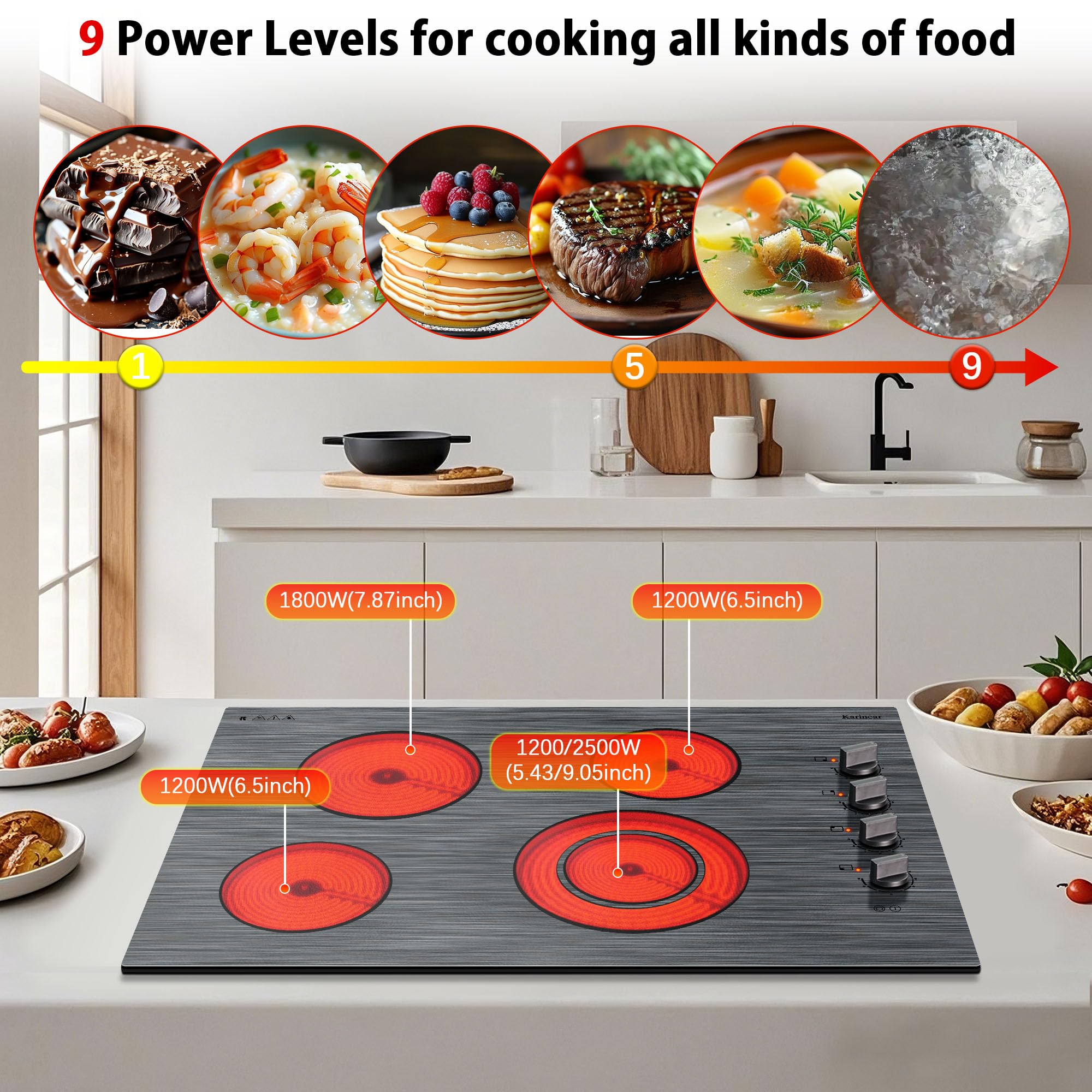 Karinear Electric Cooktop 30 Inch, 4 Burners Electric Stove Knob Control, Built-in Electric Ceramic Cooktop with Beautiful Woodgrain Pattern Glass Surface, 6700W, 220-240v Hard Wired(No Plug)