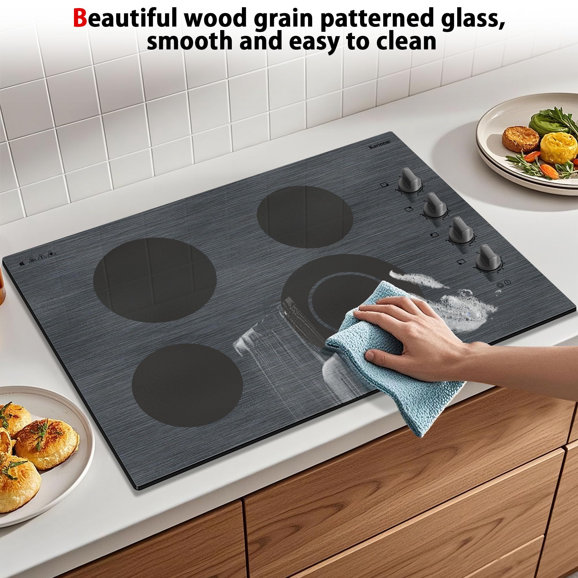 Karinear Electric Cooktop 30 Inch, 4 Burners Electric Stove Knob Control, Built-in Electric Ceramic Cooktop with Beautiful Woodgrain Pattern Glass Surface, 6700W, 220-240v Hard Wired(No Plug)