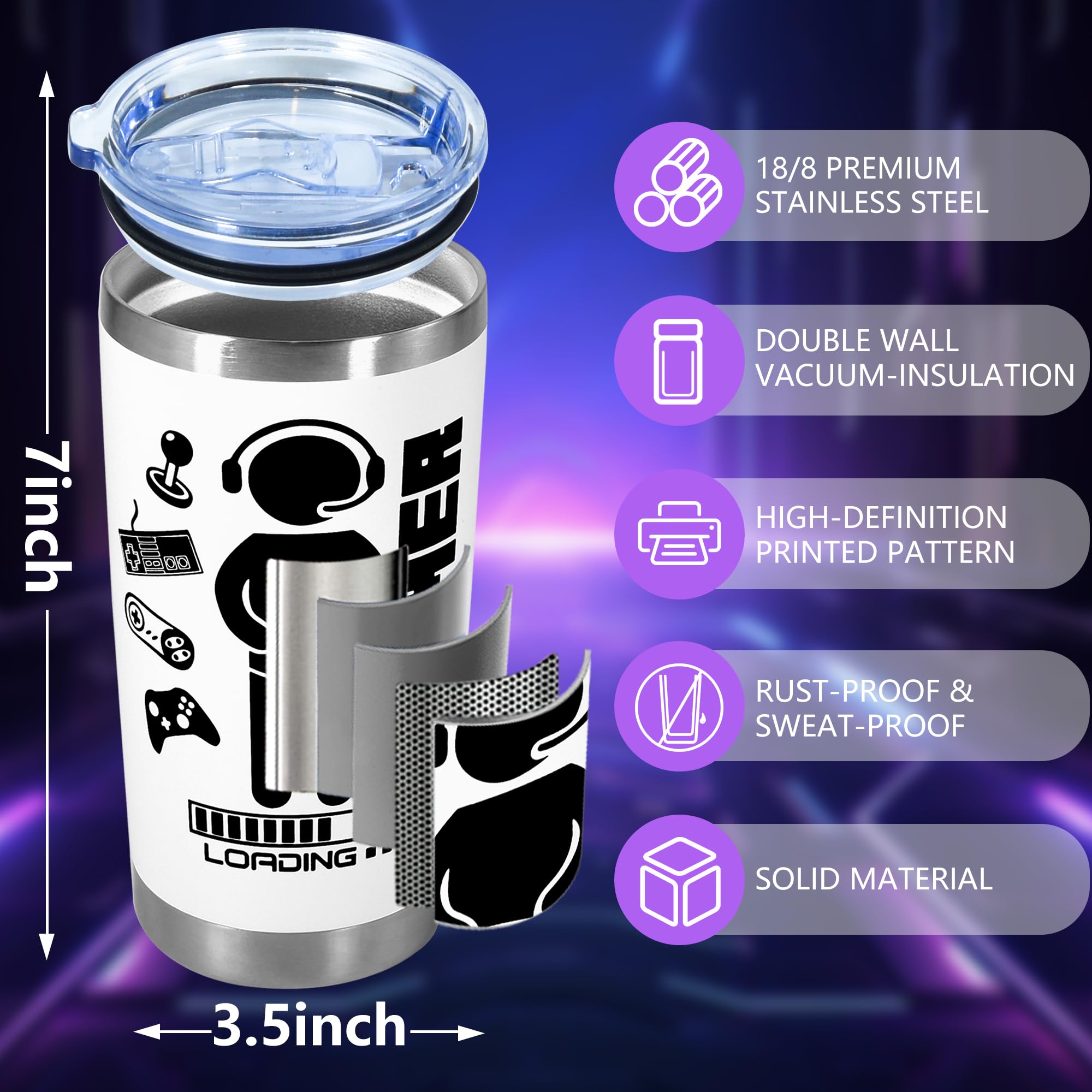 Icesip 20oz Gamer Tumbler - Stainless Steel Gaming Mug with Straw & Brush - Cool Game Controller Design - Birthday Gift for Men, Boys, Gamers
