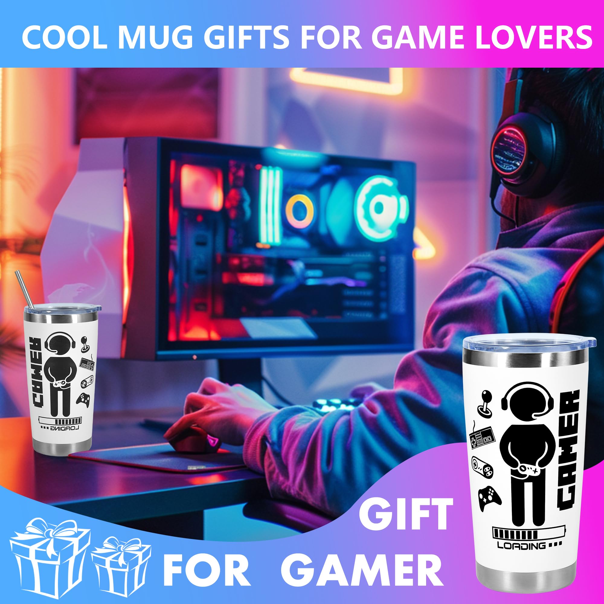 Icesip 20oz Gamer Tumbler - Stainless Steel Gaming Mug with Straw & Brush - Cool Game Controller Design - Birthday Gift for Men, Boys, Gamers